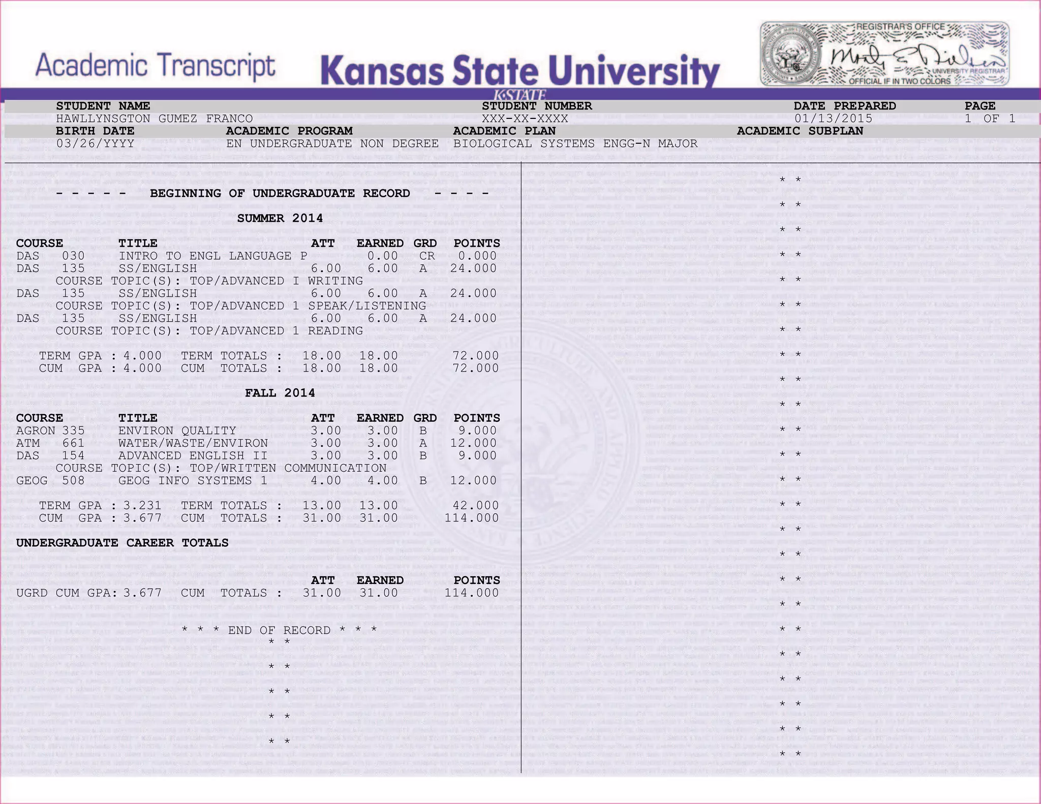 KSTATE_Transcript_Fall 2014 | PDF