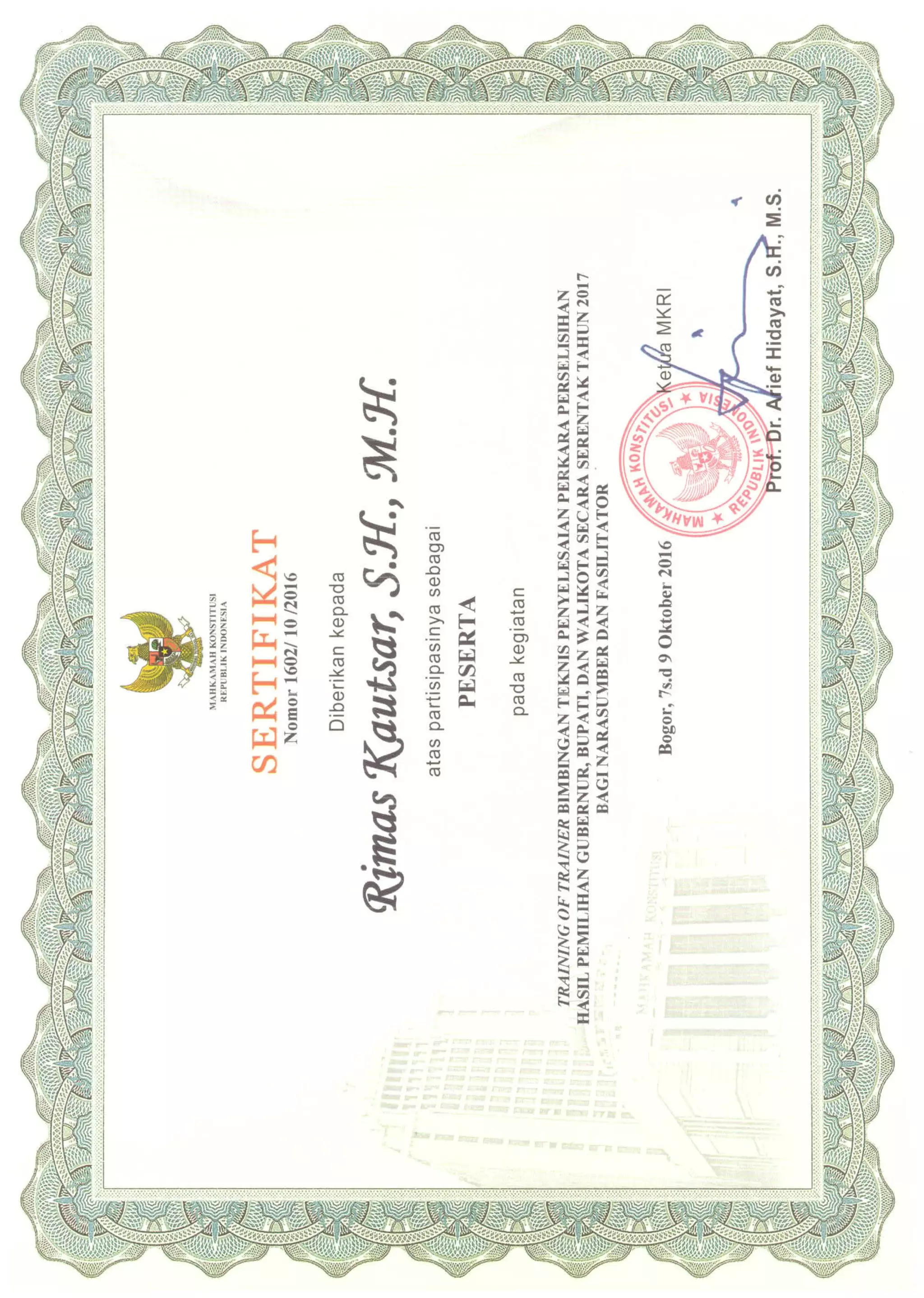 Sertifikat ToT No 1602 10 2016 | PDF