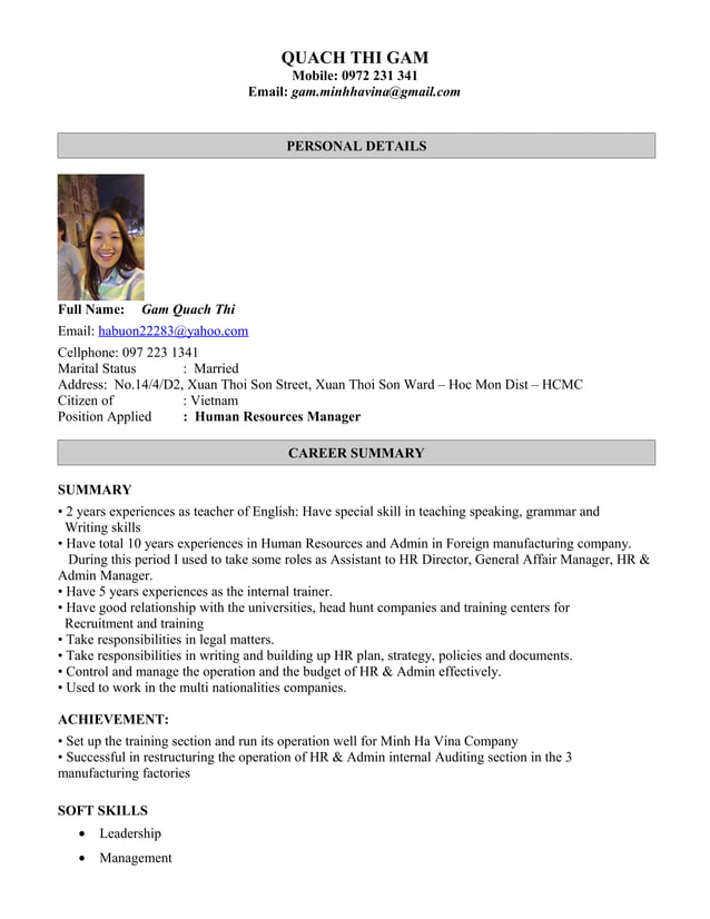Resume-HR(Quach Thi Gam)new | DOC