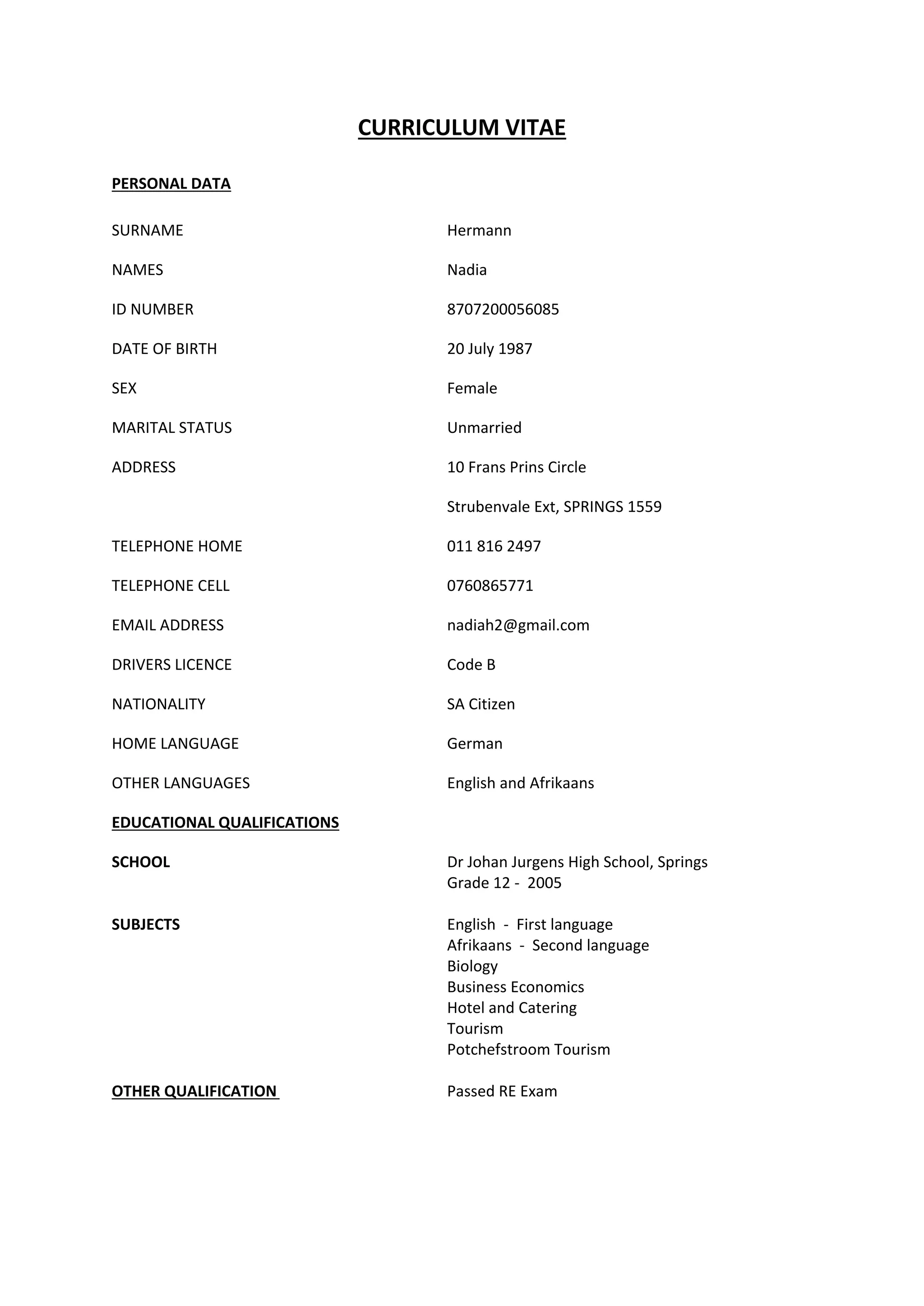 Nadia Hermann CV. October 2016 | PDF