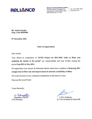 Reliance Appreciation letter | PDF