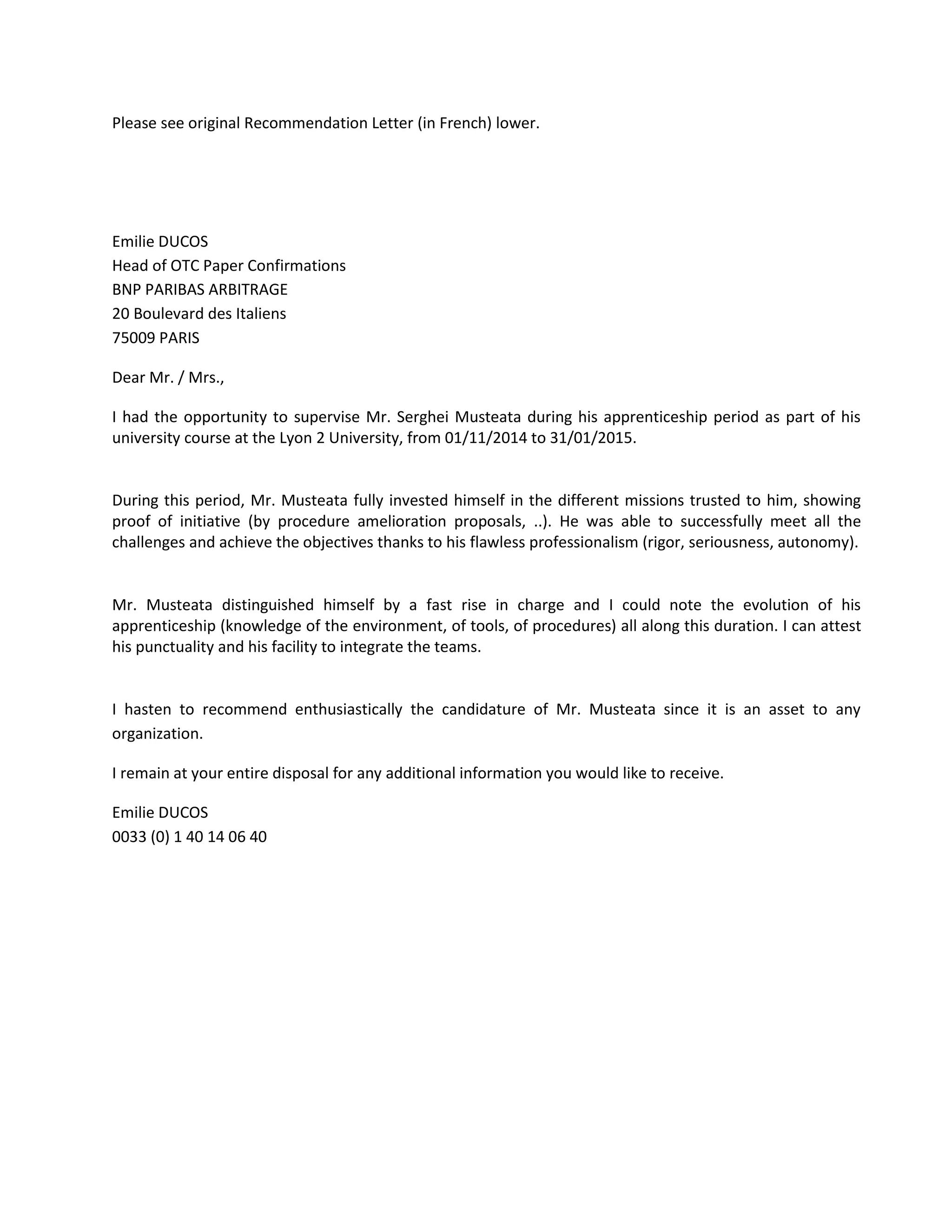 Recommendation Letter BNP ARBITRAGE | PDF