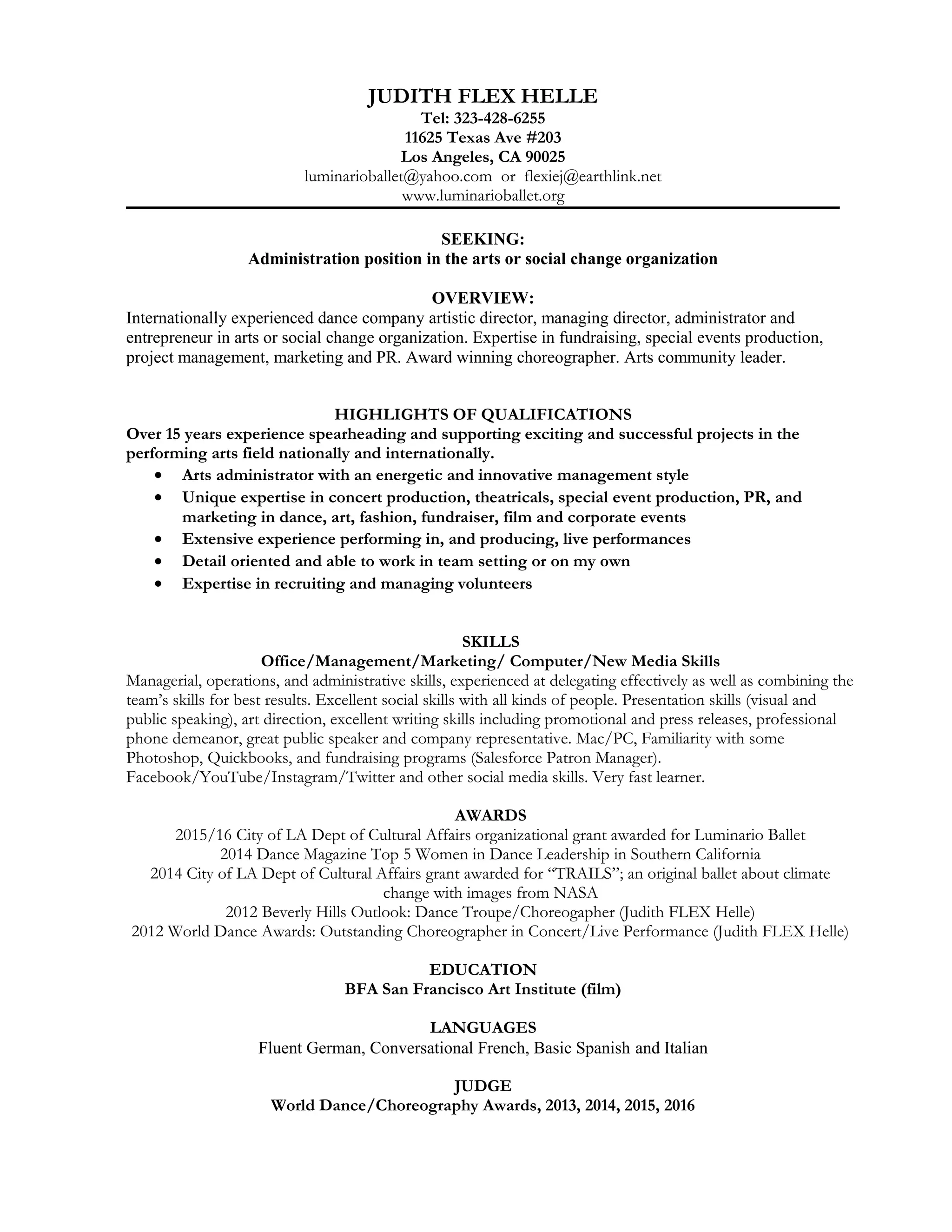 Judith FLEX Helle 2016 RESUME Arts Admin Special Events | DOC