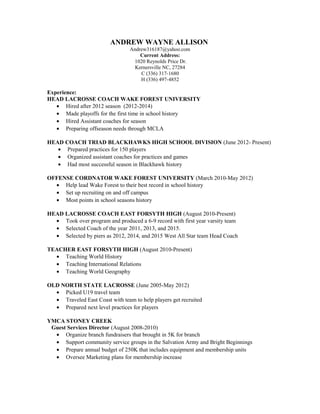 Andrew Allison Resume | DOC | Lacrosse | Sports