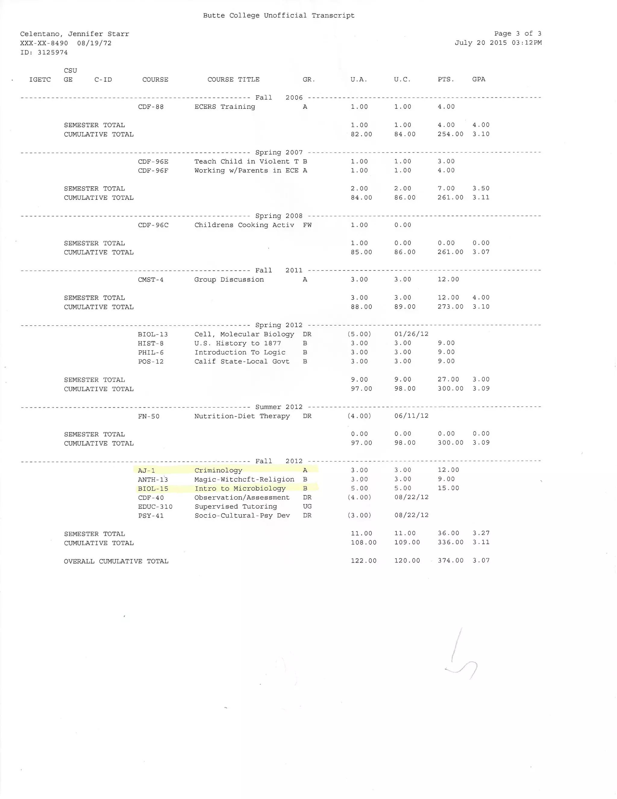 Butte College Unofficial Transcripts | PDF