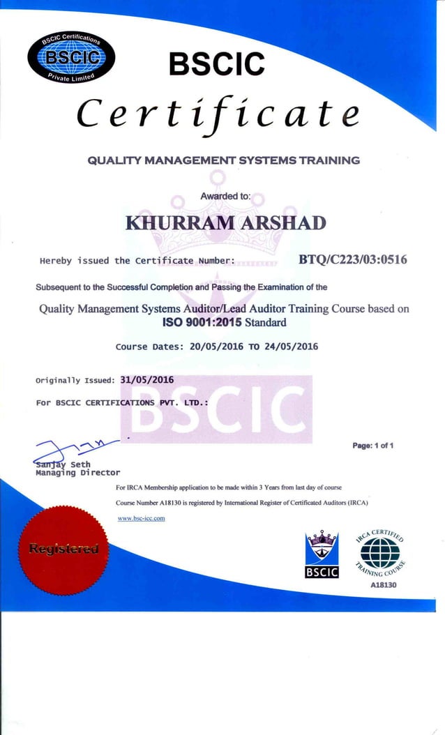 KHURRAM IRCA Certificate | PDF