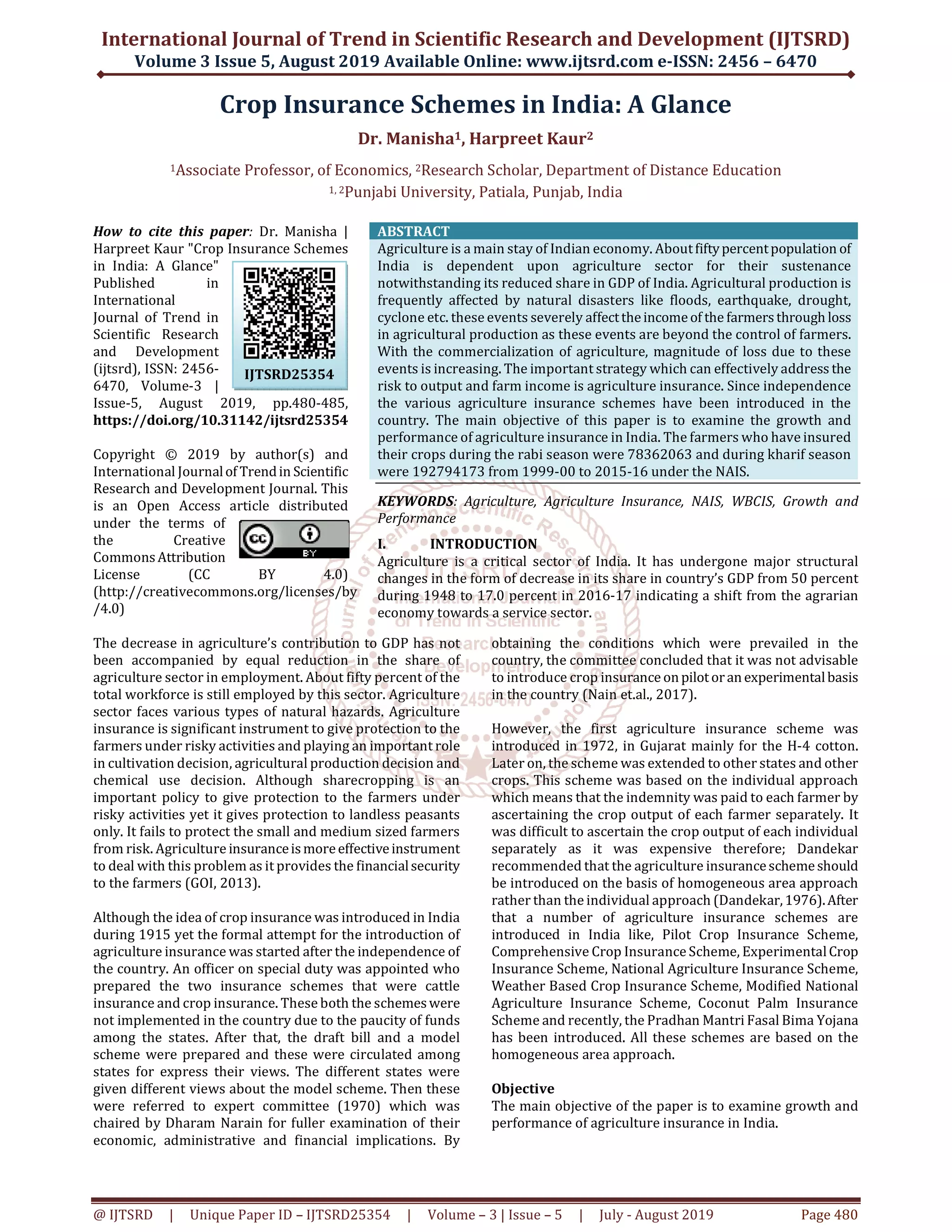 Crop Insurance Schemes in India A Glance | PDF