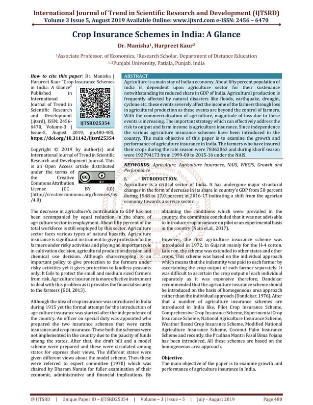 Crop Insurance Schemes in India A Glance | PDF