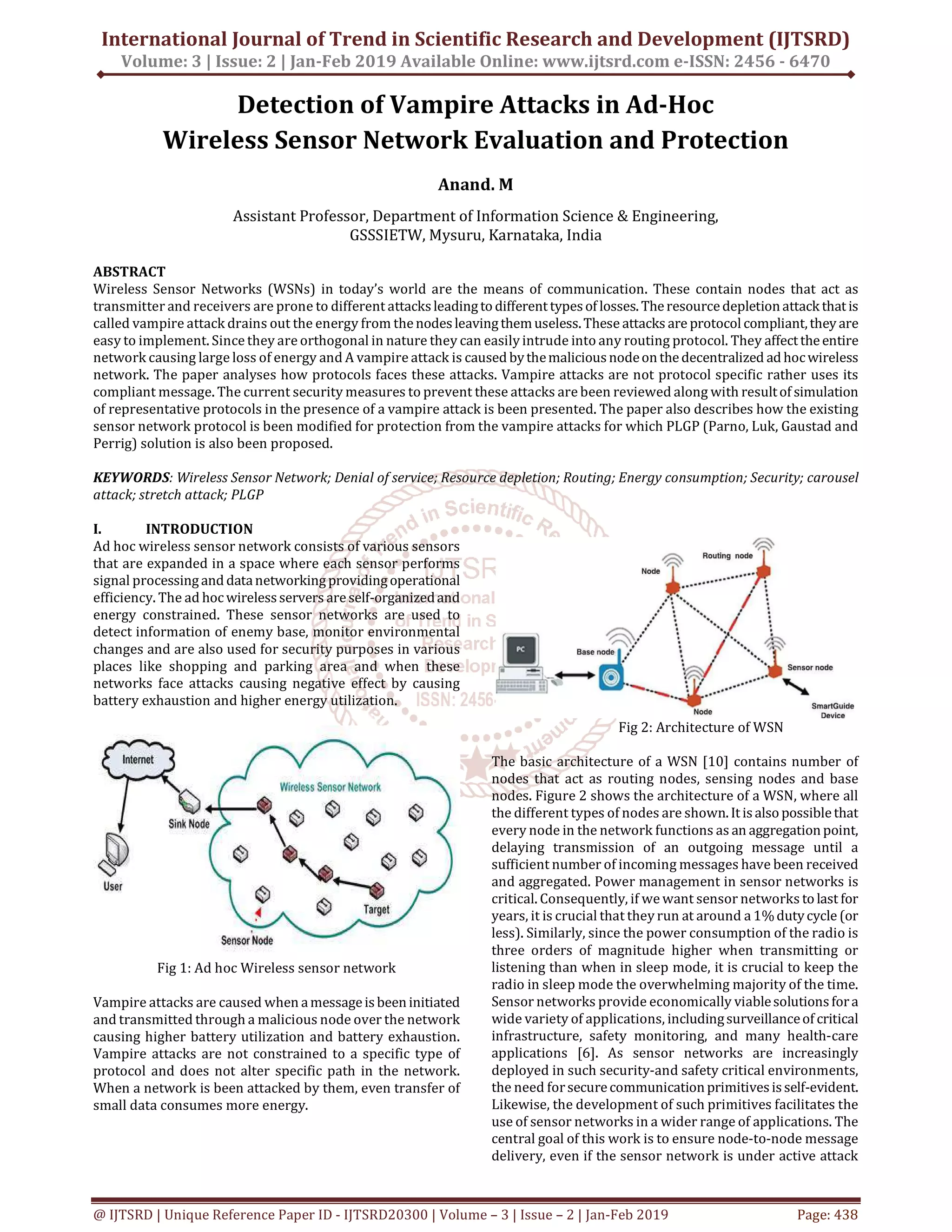 Detection of Vampire Attacks in Ad-Hoc Wireless Sensor Network Evaluation and Protection | PDF