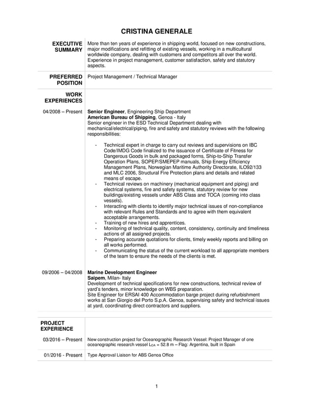 CV_Cristina Generale_2016 | PDF | Cruises | Travel Type
