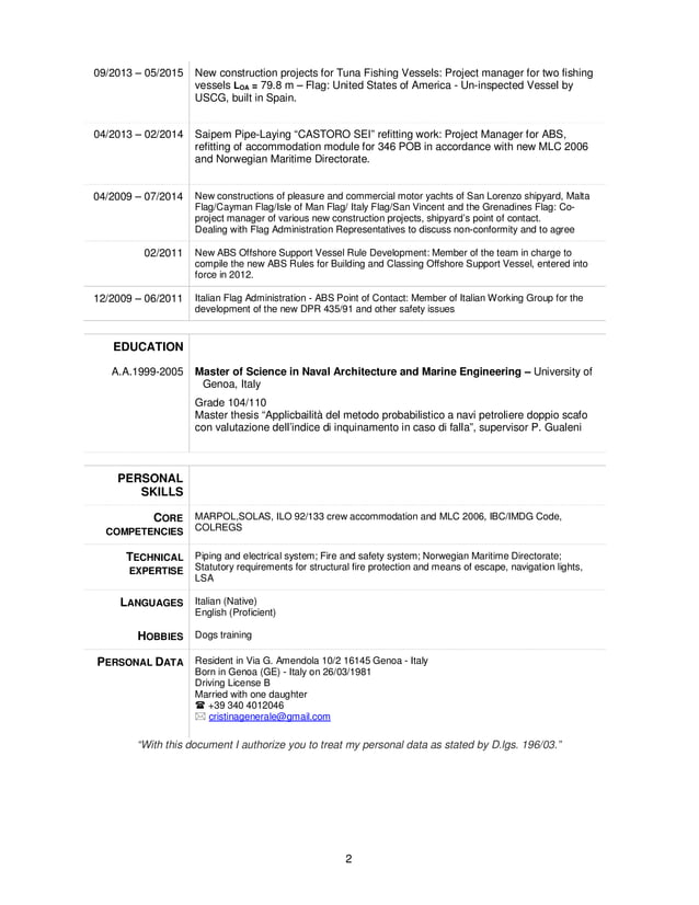 CV_Cristina Generale_2016 | PDF | Cruises | Travel Type