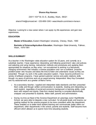 Sharon K Hanson resume 1a | DOCX | Education industry | Industries