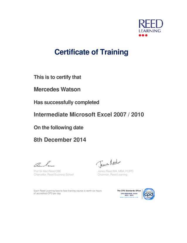 Intermediate excel training certificate | PDF