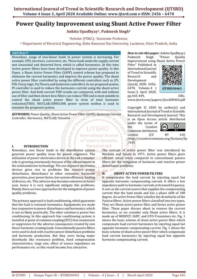 Power Quality Improvement using Shunt Active Power Filter | PDF