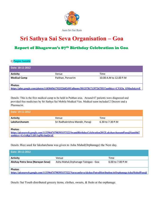 Bhagawan Sri Sathya Sai Baba's 87th birthday report All Goa | PDF
