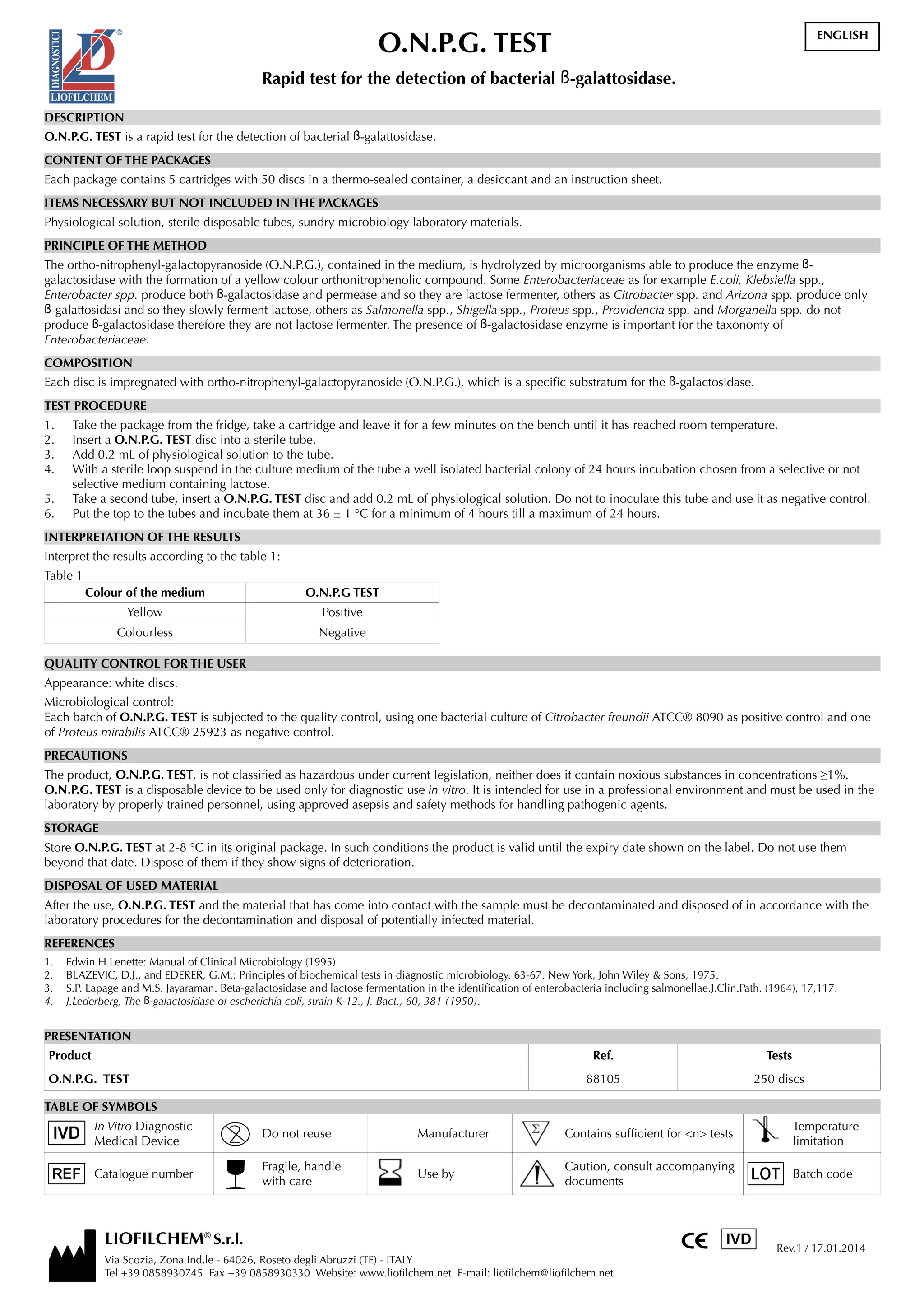 88105 O.N.P.G. TEST KIT by Liofilchem.pdf | Chemistry | Science
