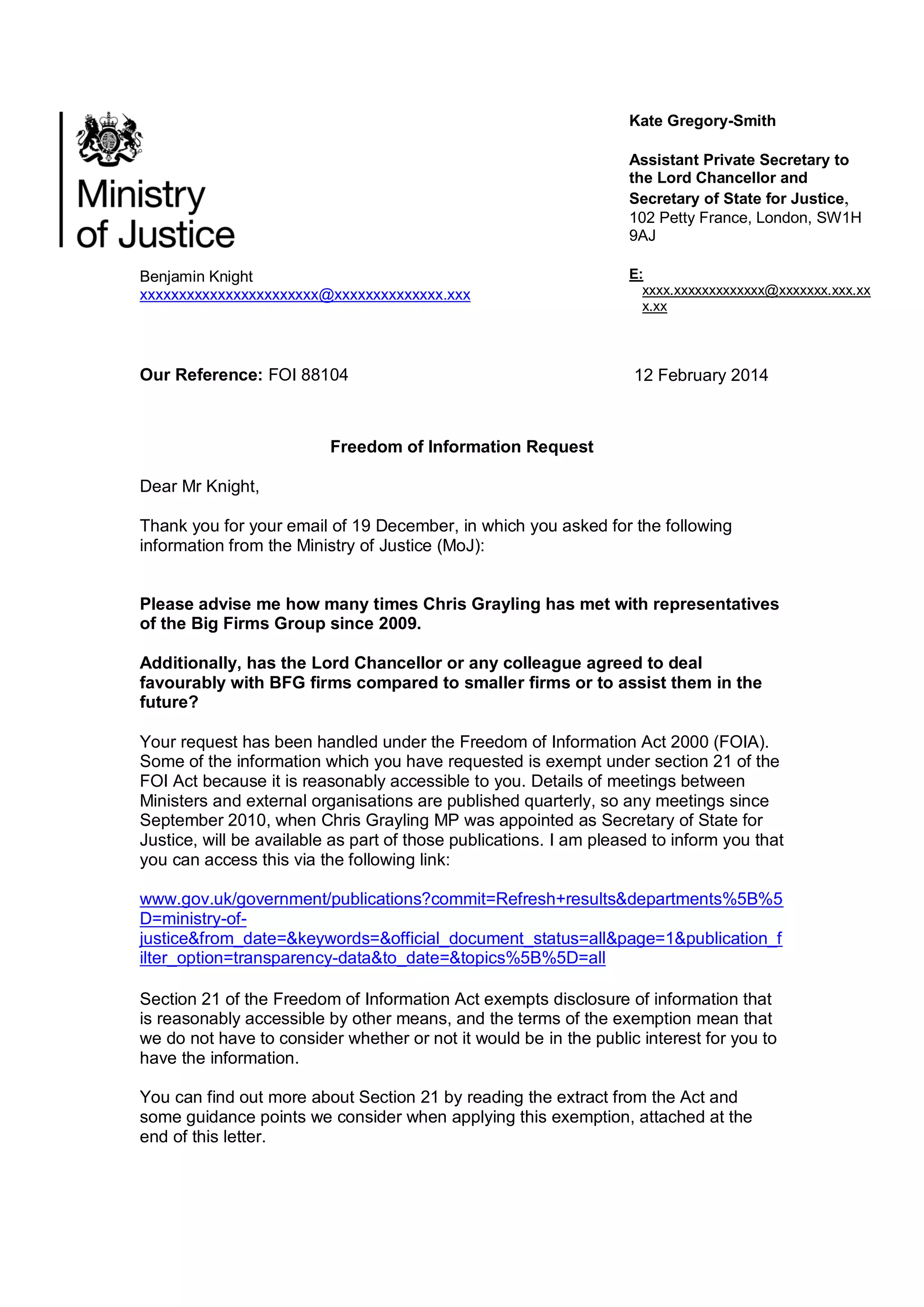 FOI reply from MoJ regarding meetings between Grayling and BFG ...