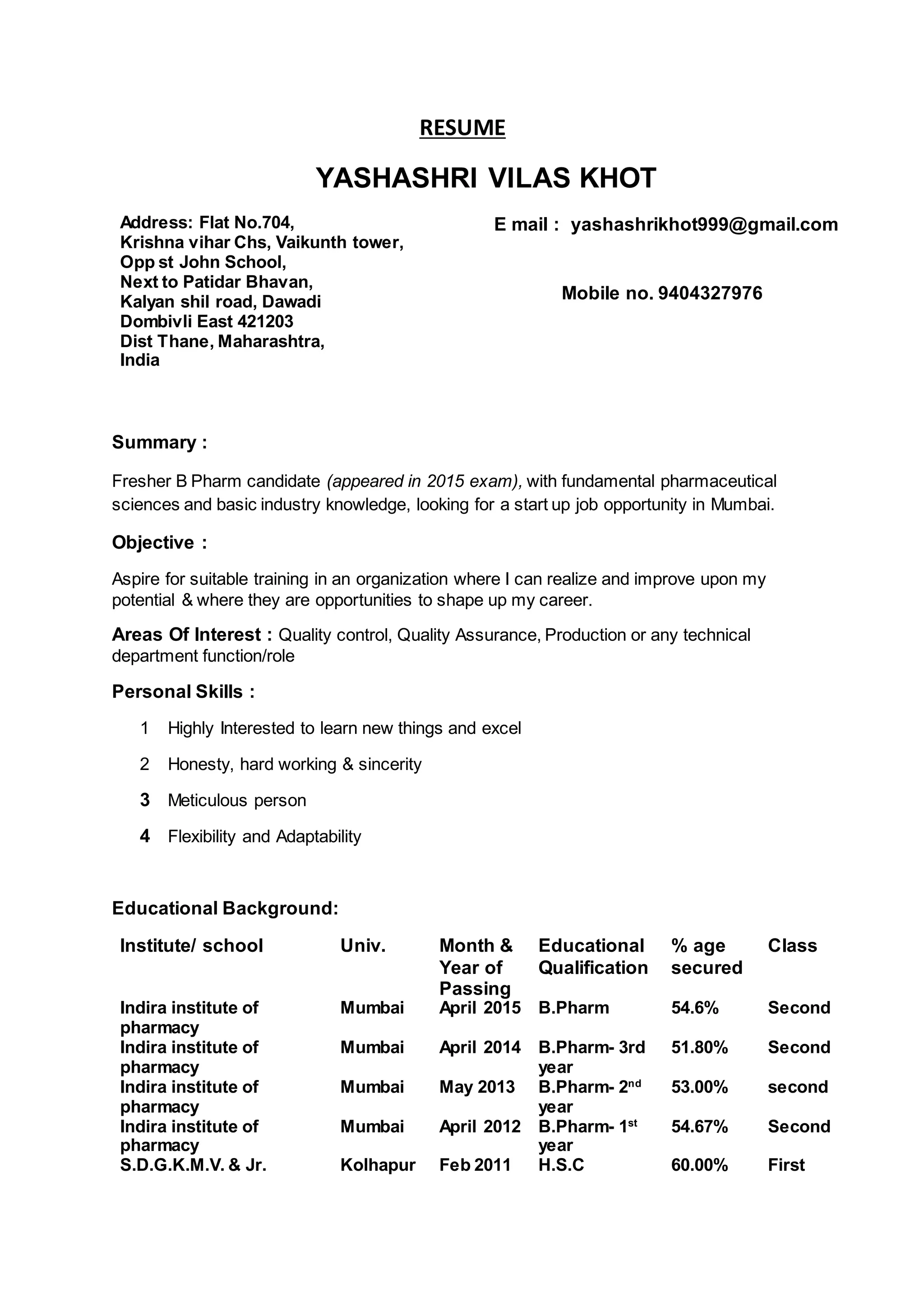Yashashri resume | DOCX