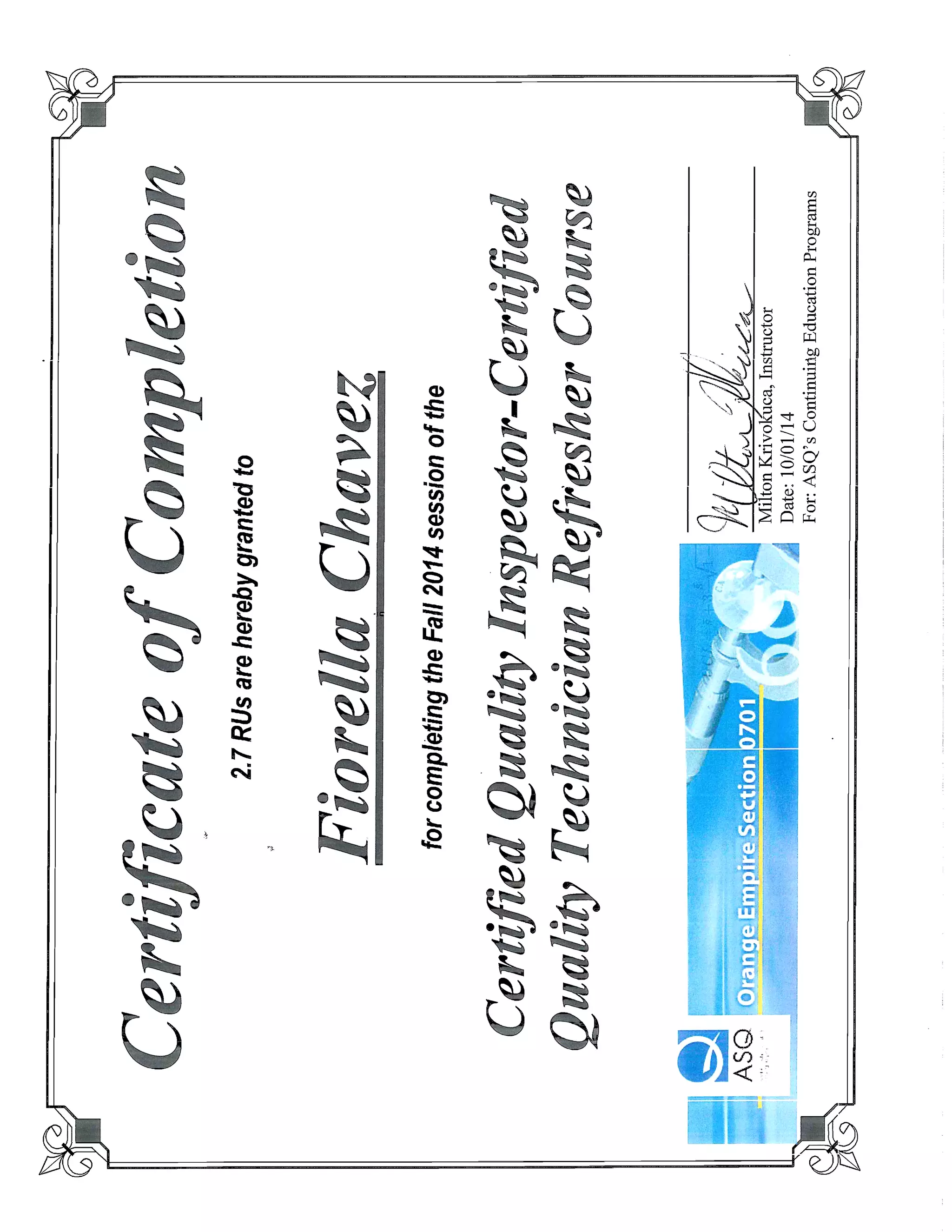 Certificate of Completion Quality Inspector | PDF