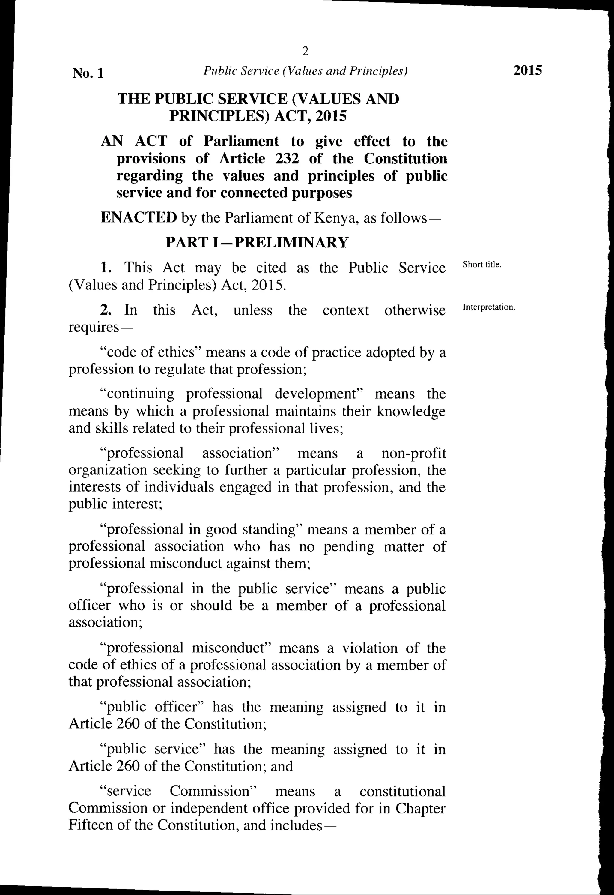 PublicService_ValuesandPrinciples_Act__No1of2015 | PDF