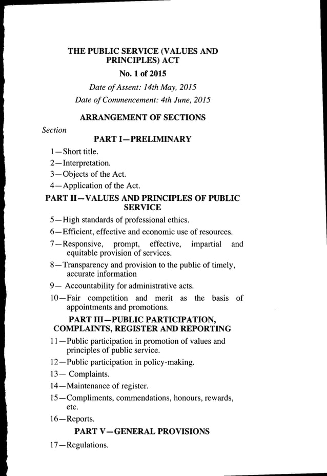 PublicService_ValuesandPrinciples_Act__No1of2015 | PDF | Law
