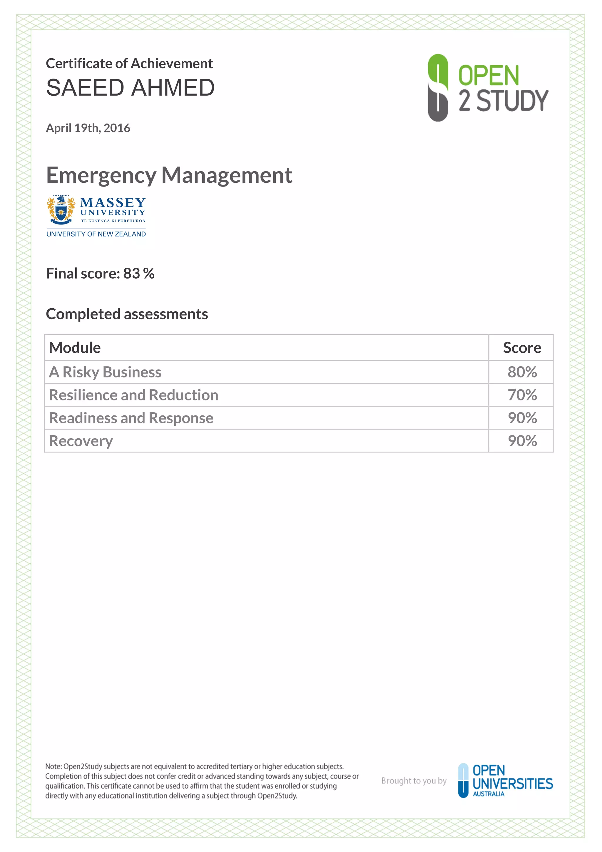 Certificate - Emergency Management by Massey Uni | PDF