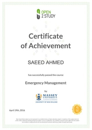 Certificate - Emergency Management by Massey Uni | PDF