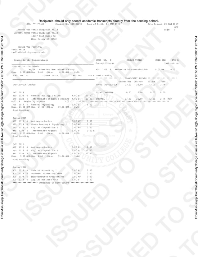 tamias recent transcript mgccc | DOCX | Professional School | Postgraduate Education