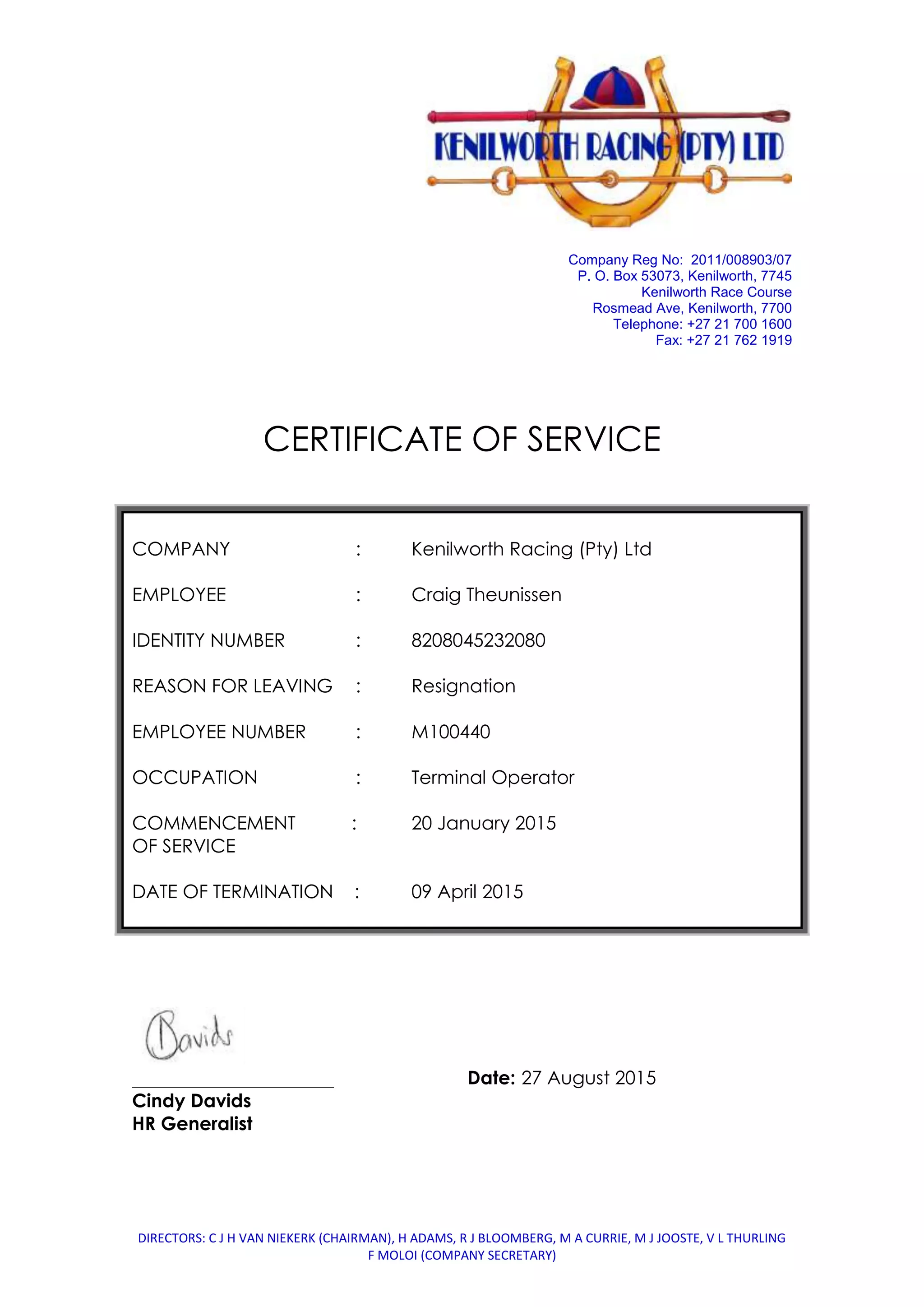Certificate of service - Kenilworth racecourse | PDF