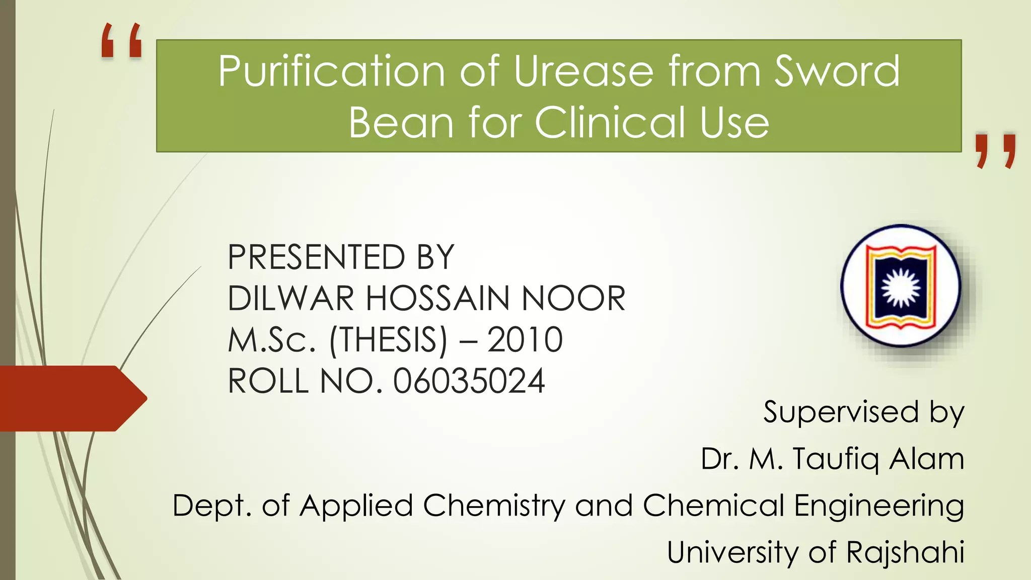 Purification of Urease from Sword Bean for Clinical Use | PPTX