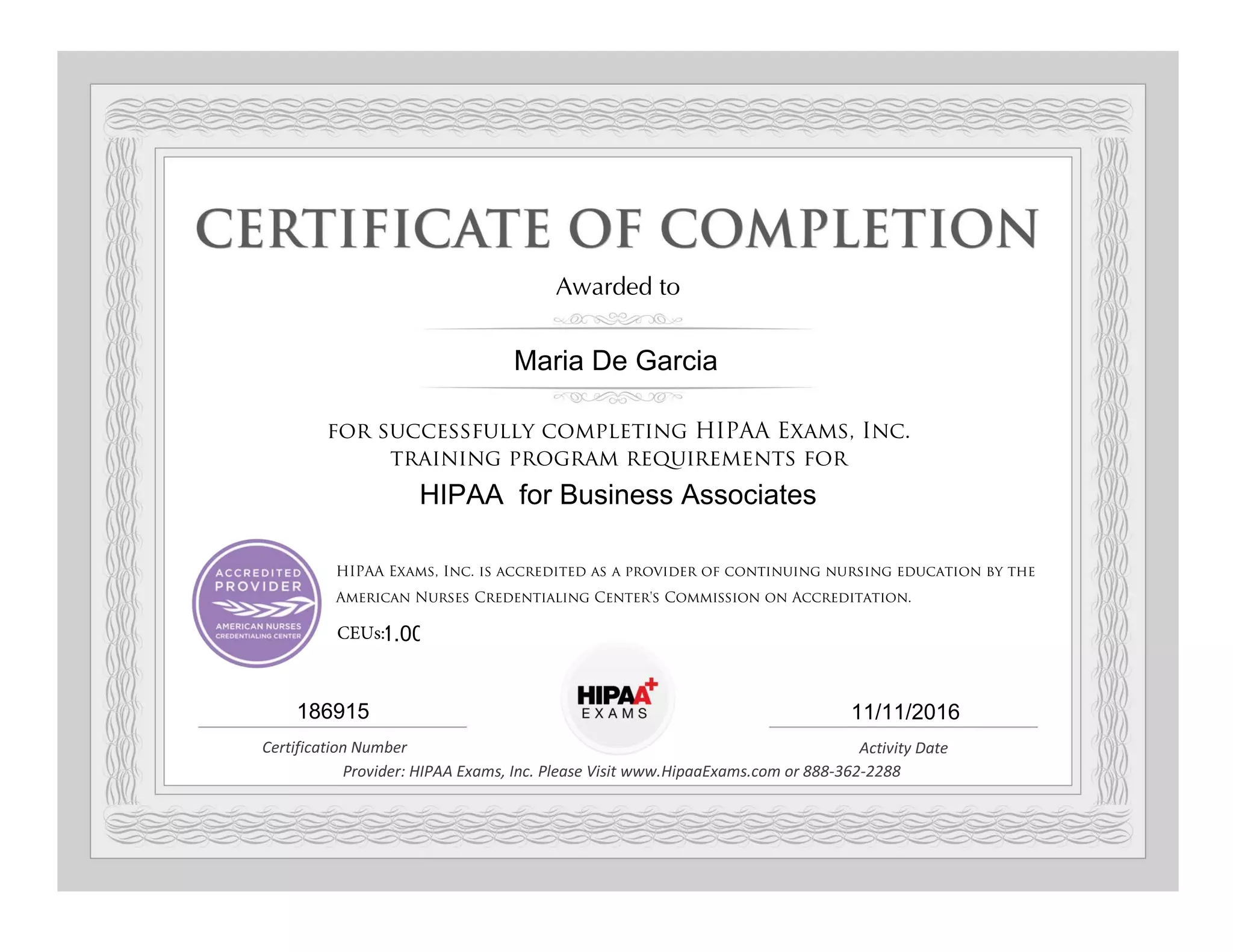 hippa certificate 2016 | PDF