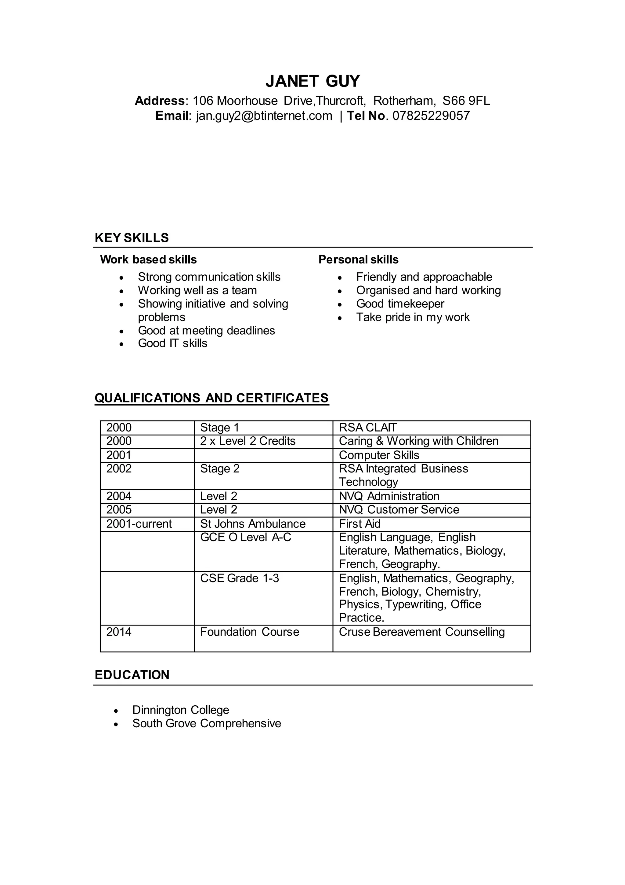 CV - JAN GUY current | DOCX | Eldercare | Family and Relationships