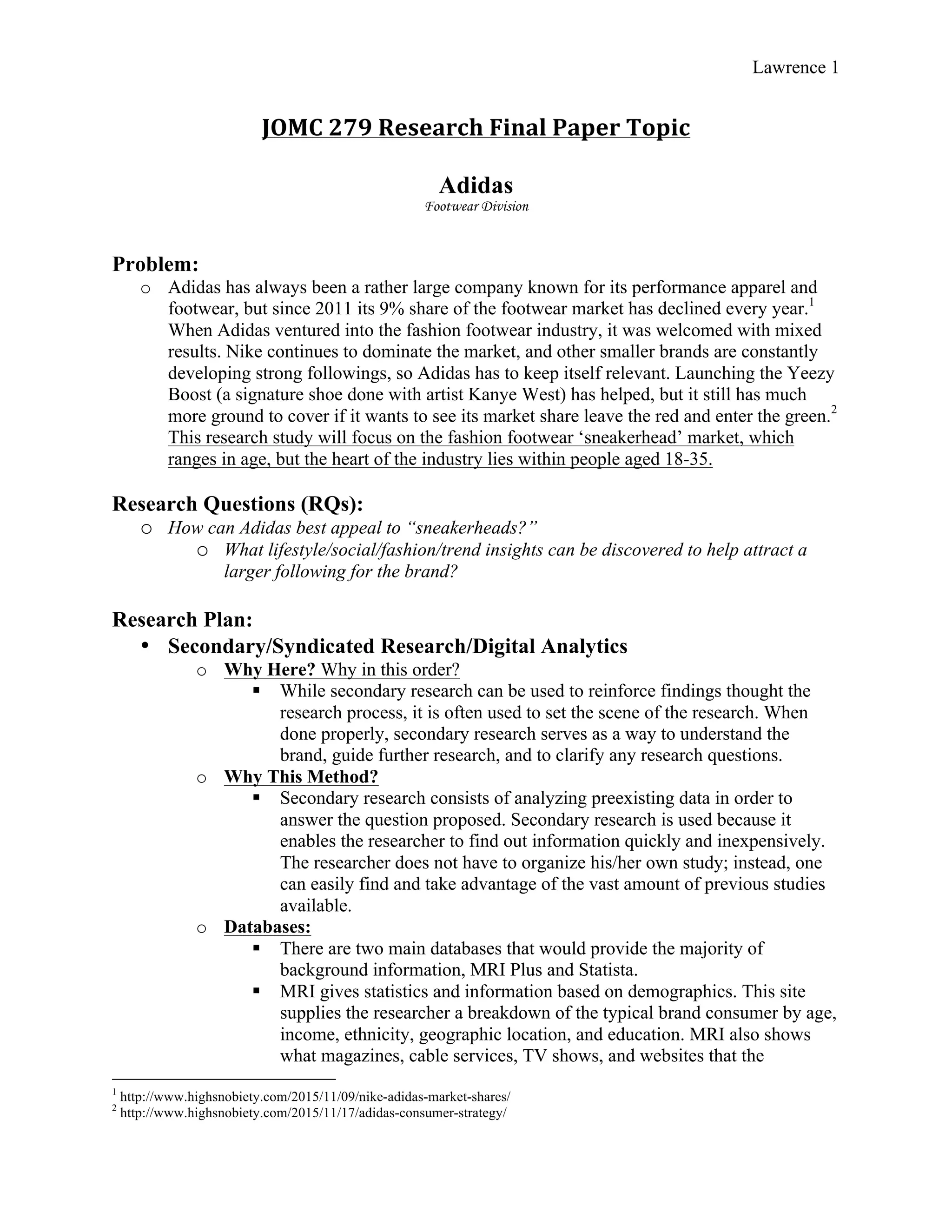 Adidas 'Sneakerhead Market' Research Plan | PDF