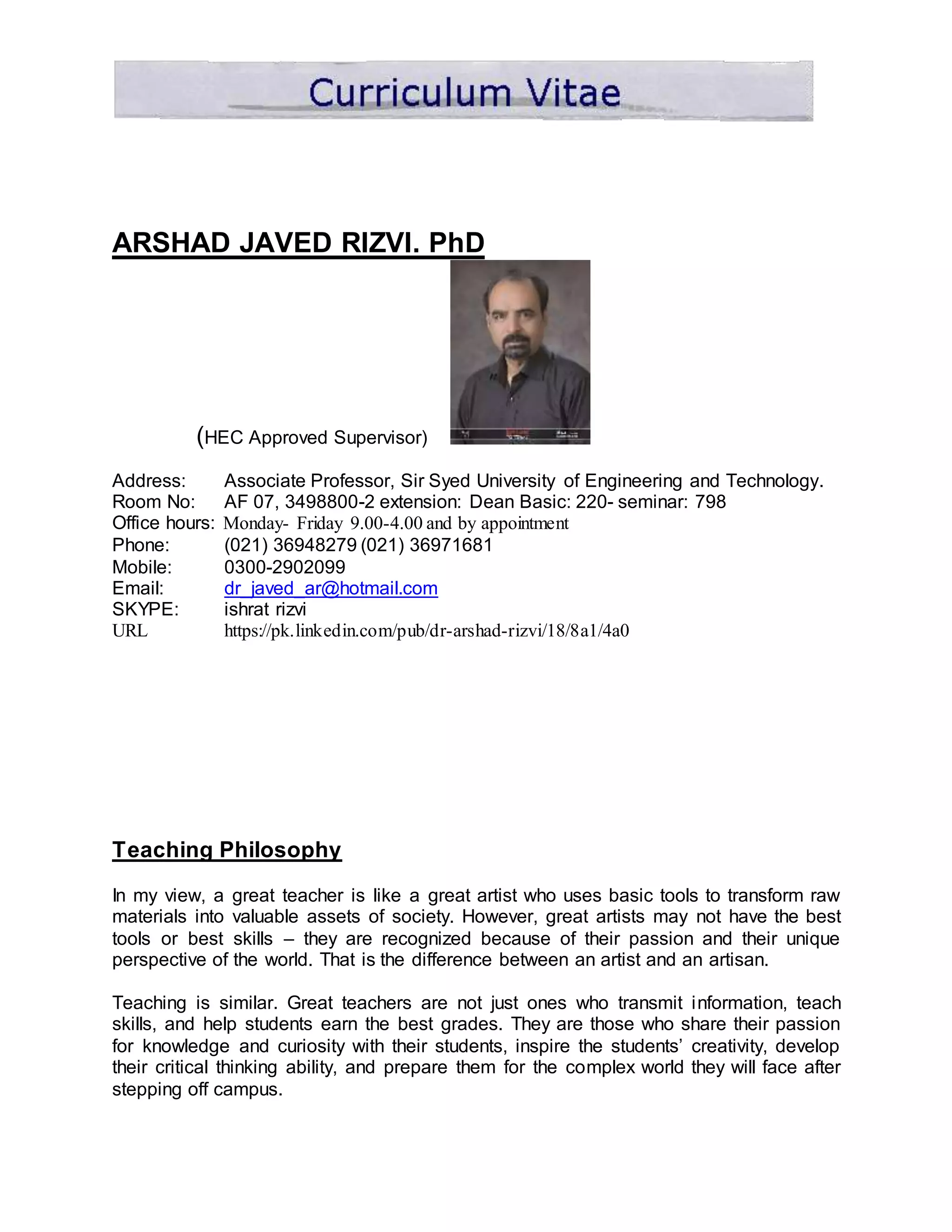 CV of DR Arshad Javed Rizvi | PDF