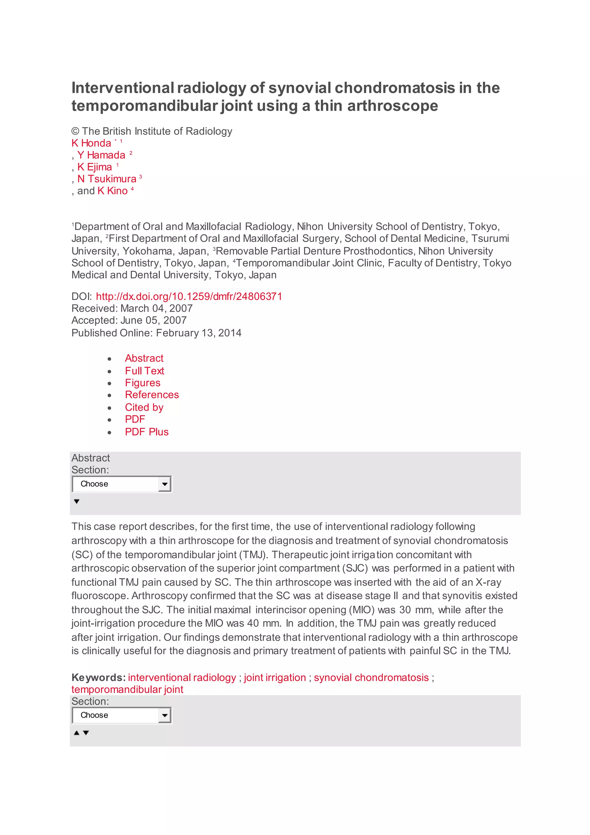 Interventional radiology of synovial chondromatosis in the ...