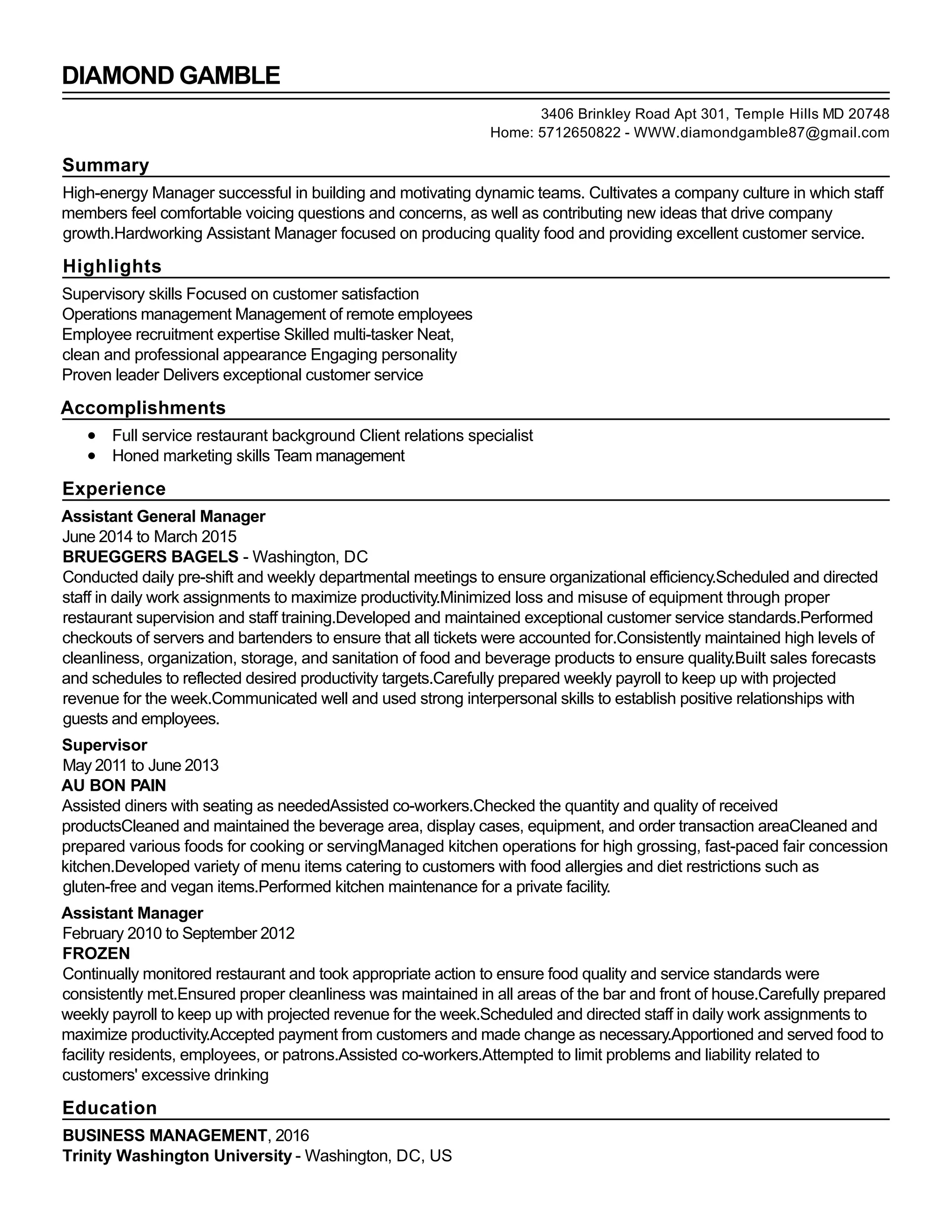 Diamond Gamble Resume 1 | PDF