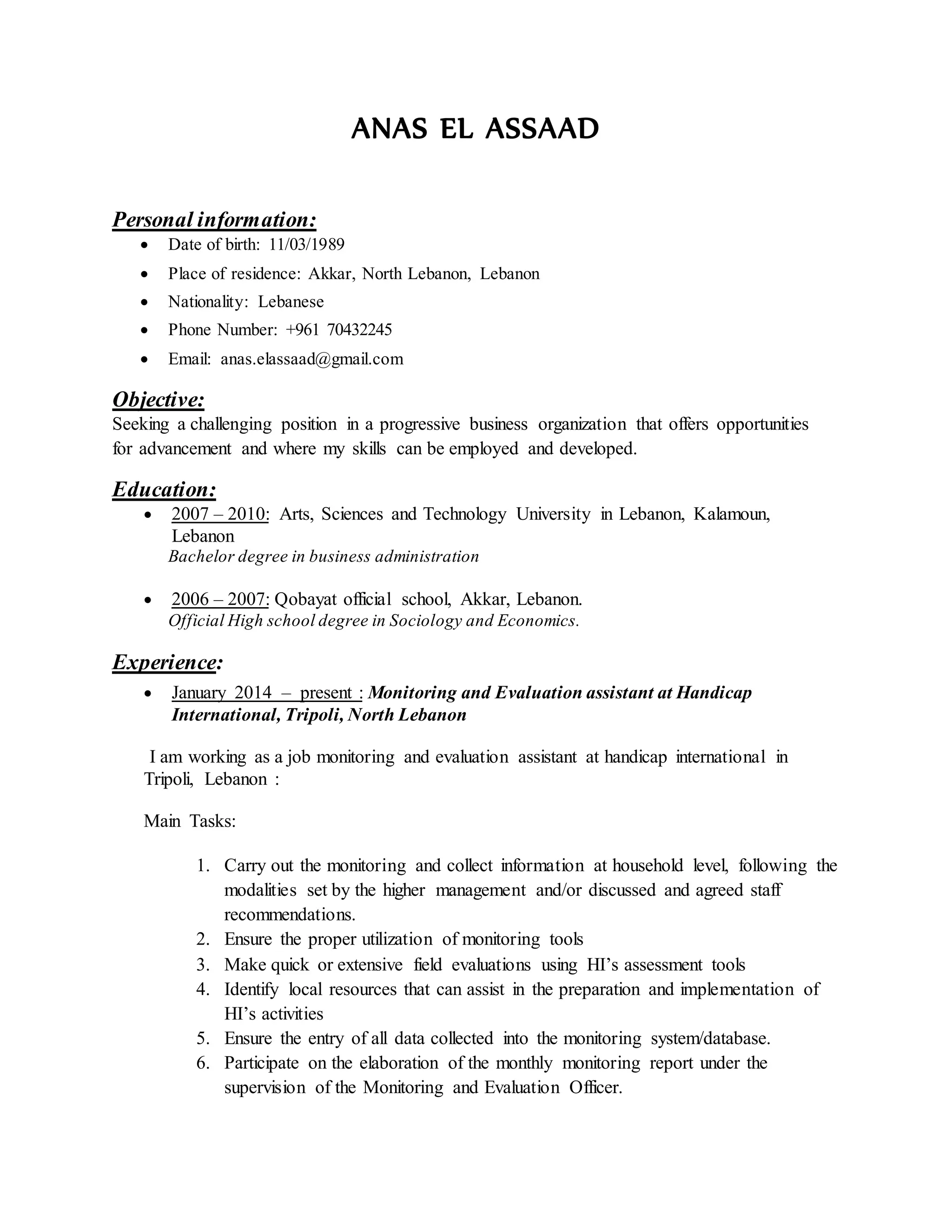 anas cv updated 2 (1) | DOCX | Human Resources | Business