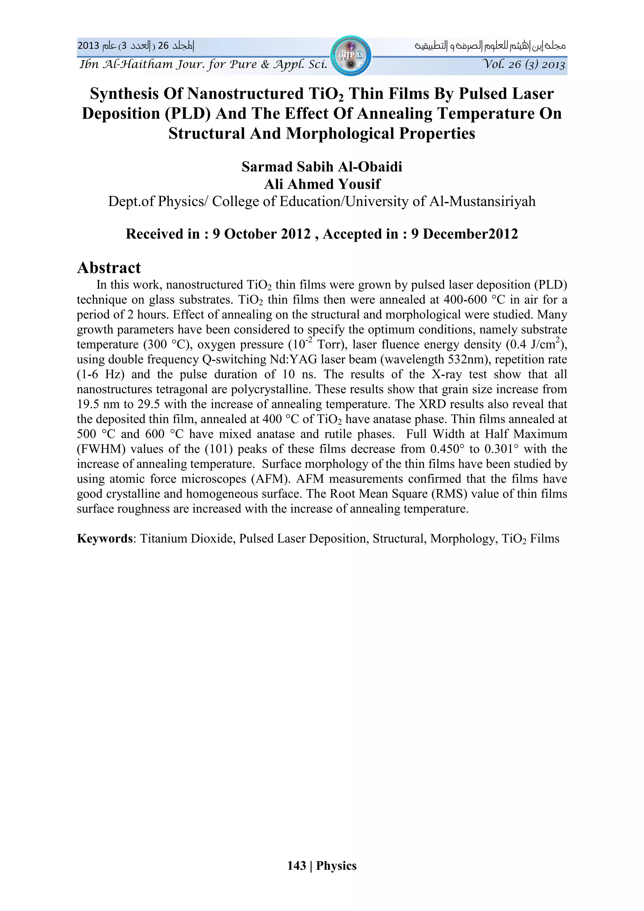 Synthesis Of Nanostructured TiO2 Thin Films By Pulsed Laser Deposition ...