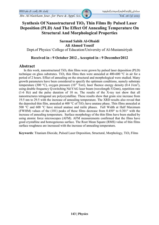 Synthesis Of Nanostructured TiO2 Thin Films By Pulsed Laser Deposition (PLD) And The Effect Of ...