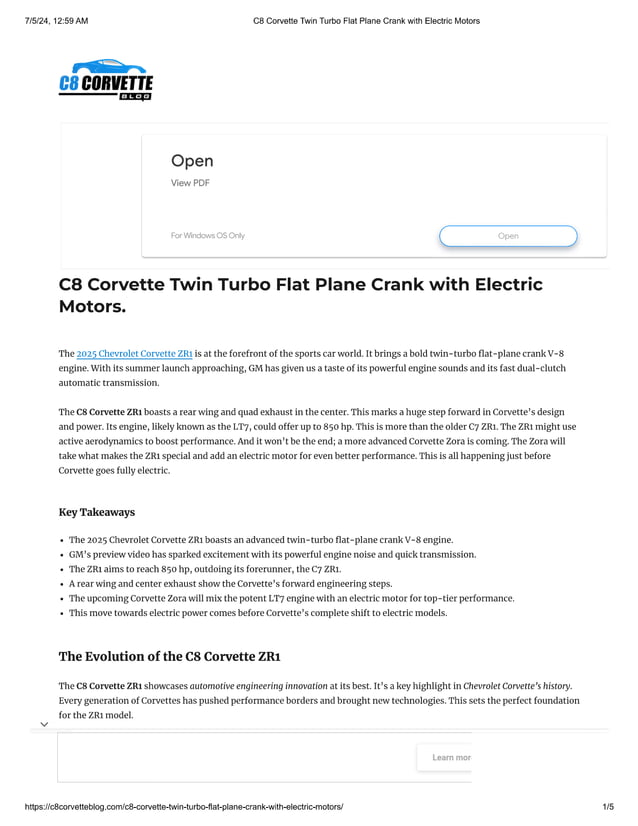 C8 Corvette Twin Turbo Flat Plane Crank with Electric Motors. | PDF
