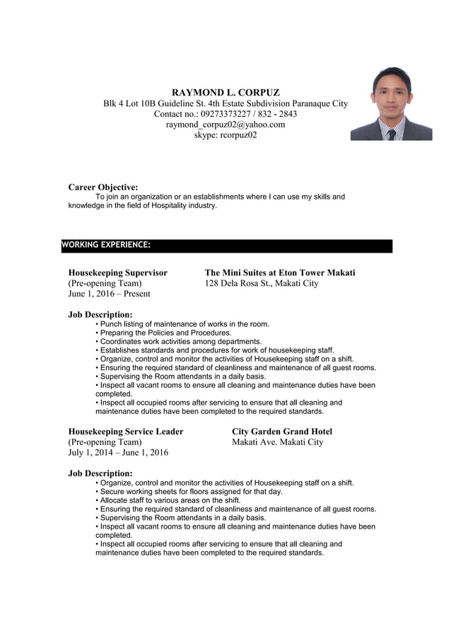 RAYMOND CORPUZ resume 1 | DOC | Hotels and Motels | Travel Type