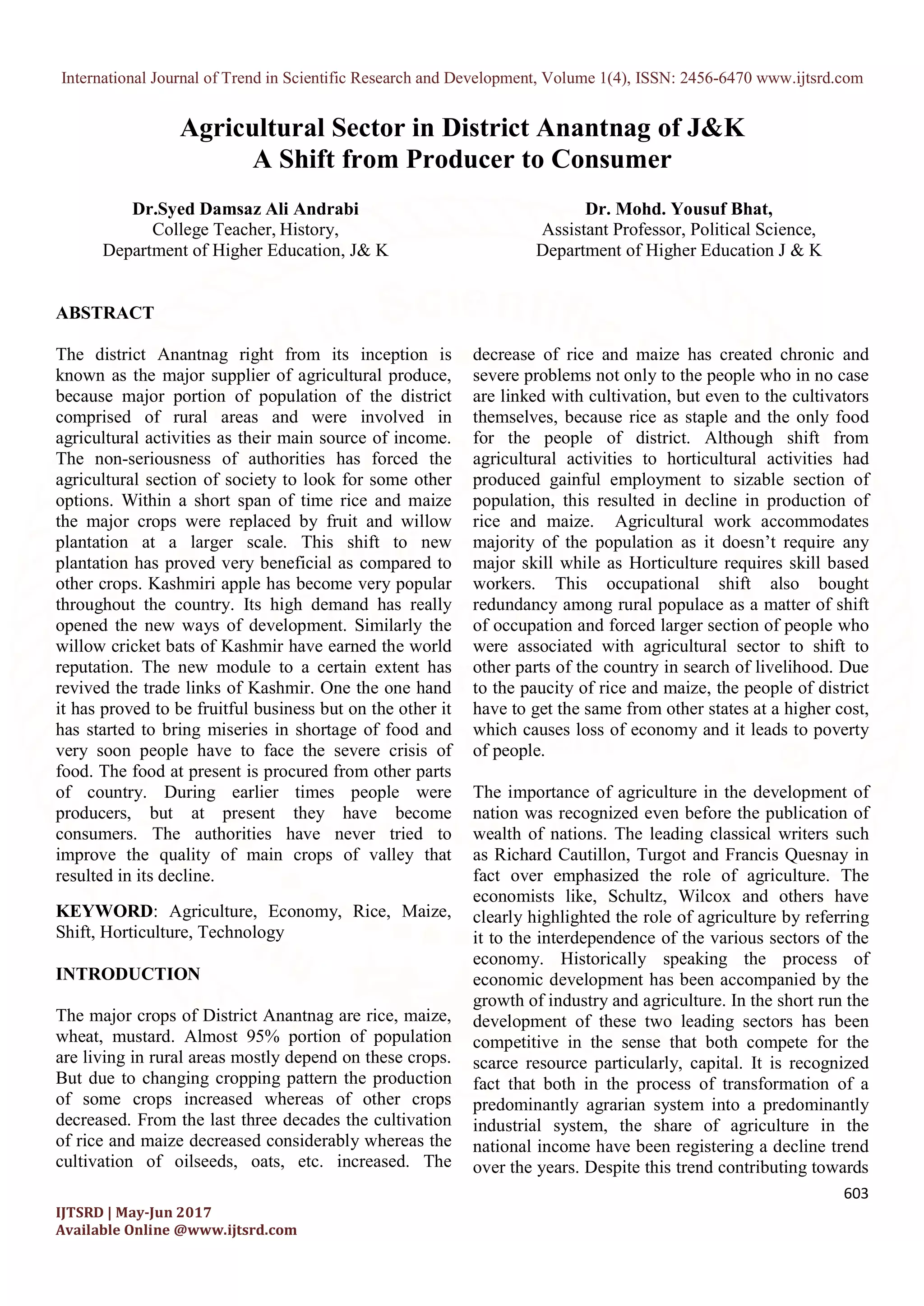 Agricultural Sector in District Anantnag of J&K: A Shift from Producer ...