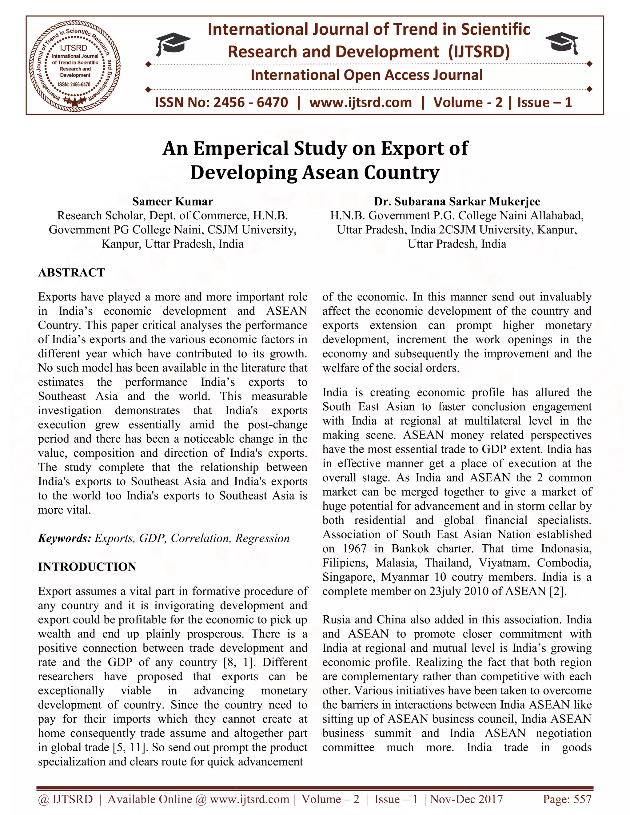 An Emperical Study on Export of Developing Asean Country | PDF