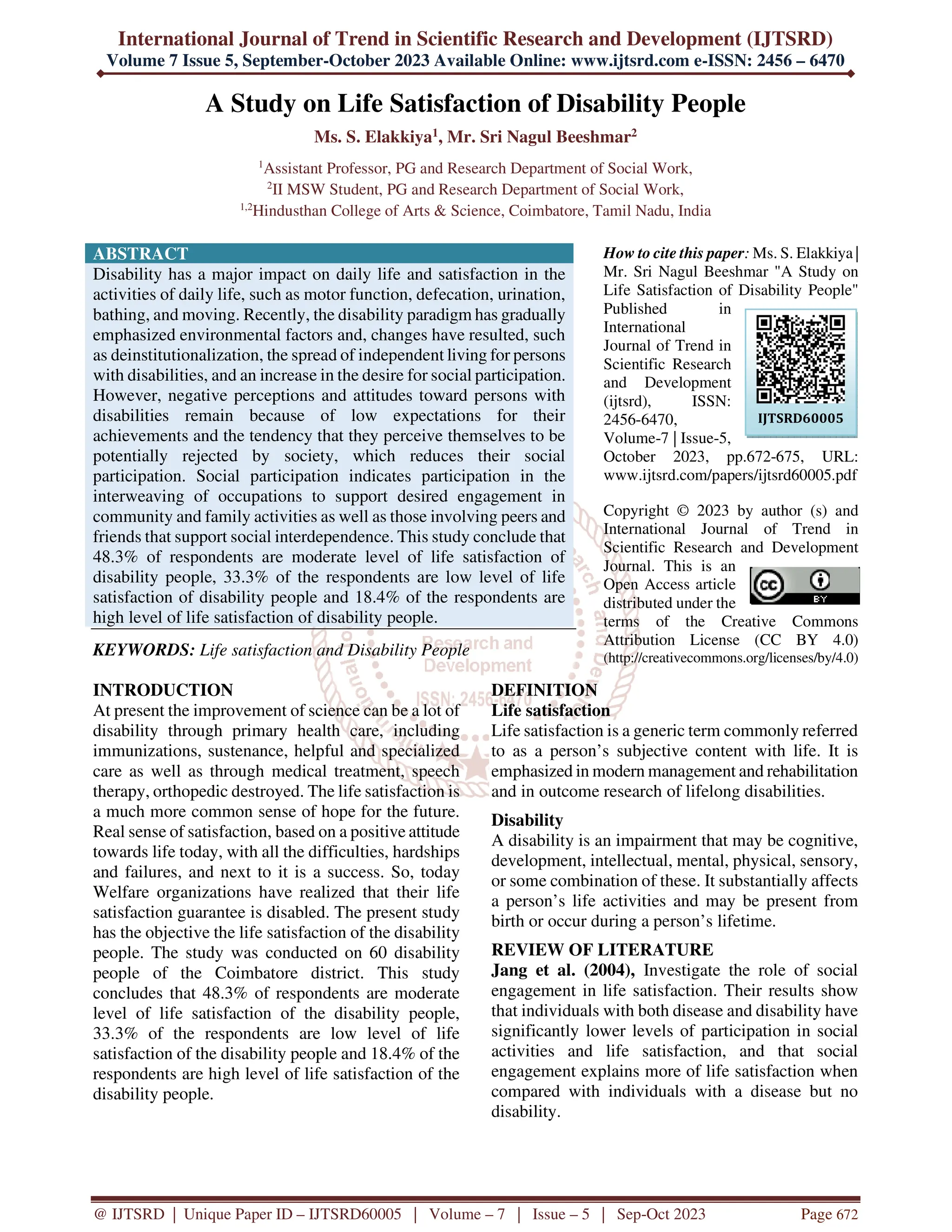A Study on Life Satisfaction of Disability People | PDF