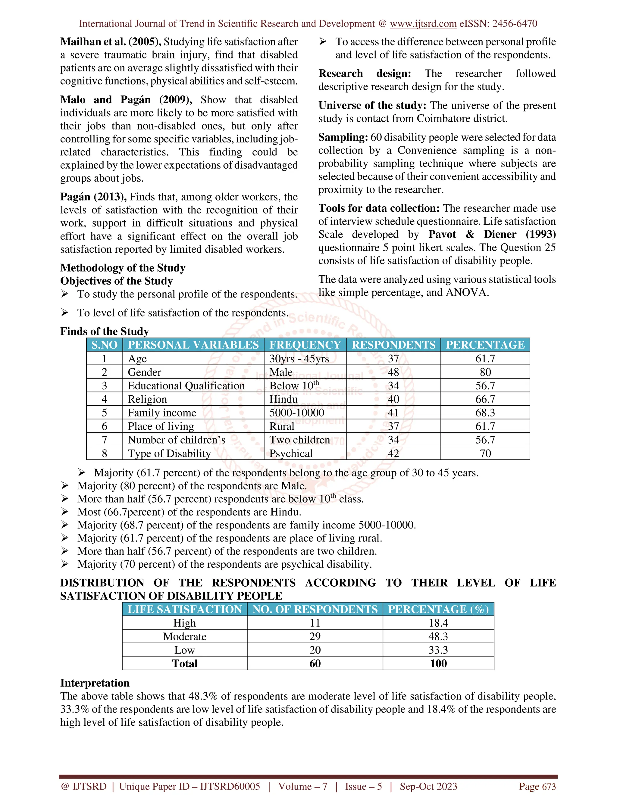 A Study on Life Satisfaction of Disability People | PDF
