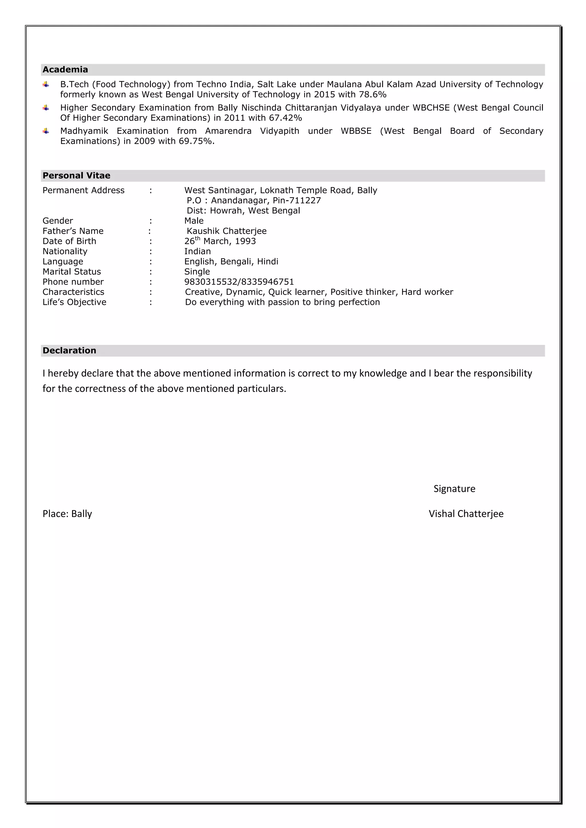Vishal Chatterjee Biodata | PDF