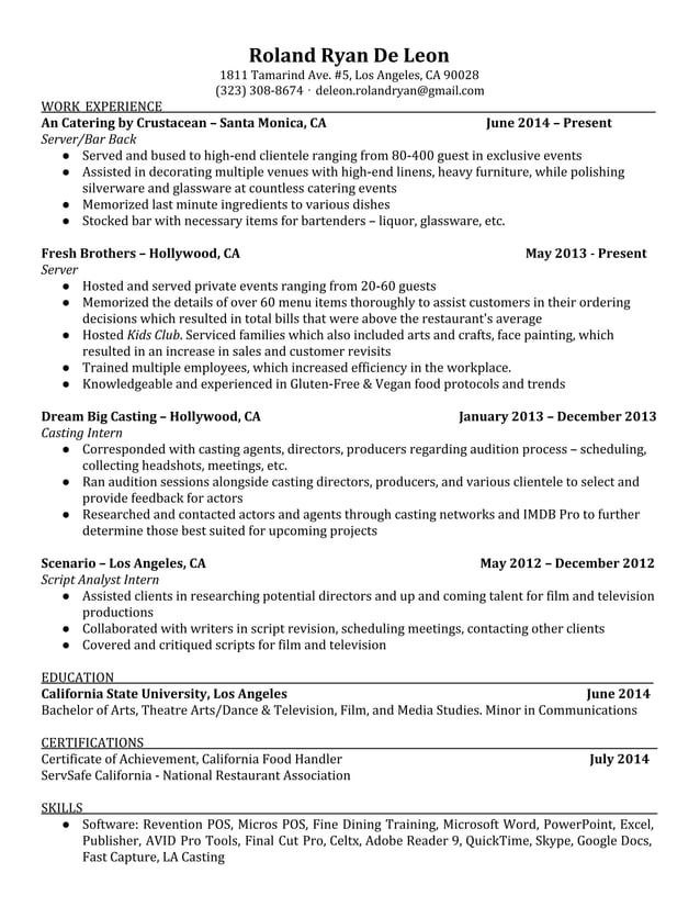 RolandDeLeonResume2015 | PDF | Bars & Restaurants | Attractions