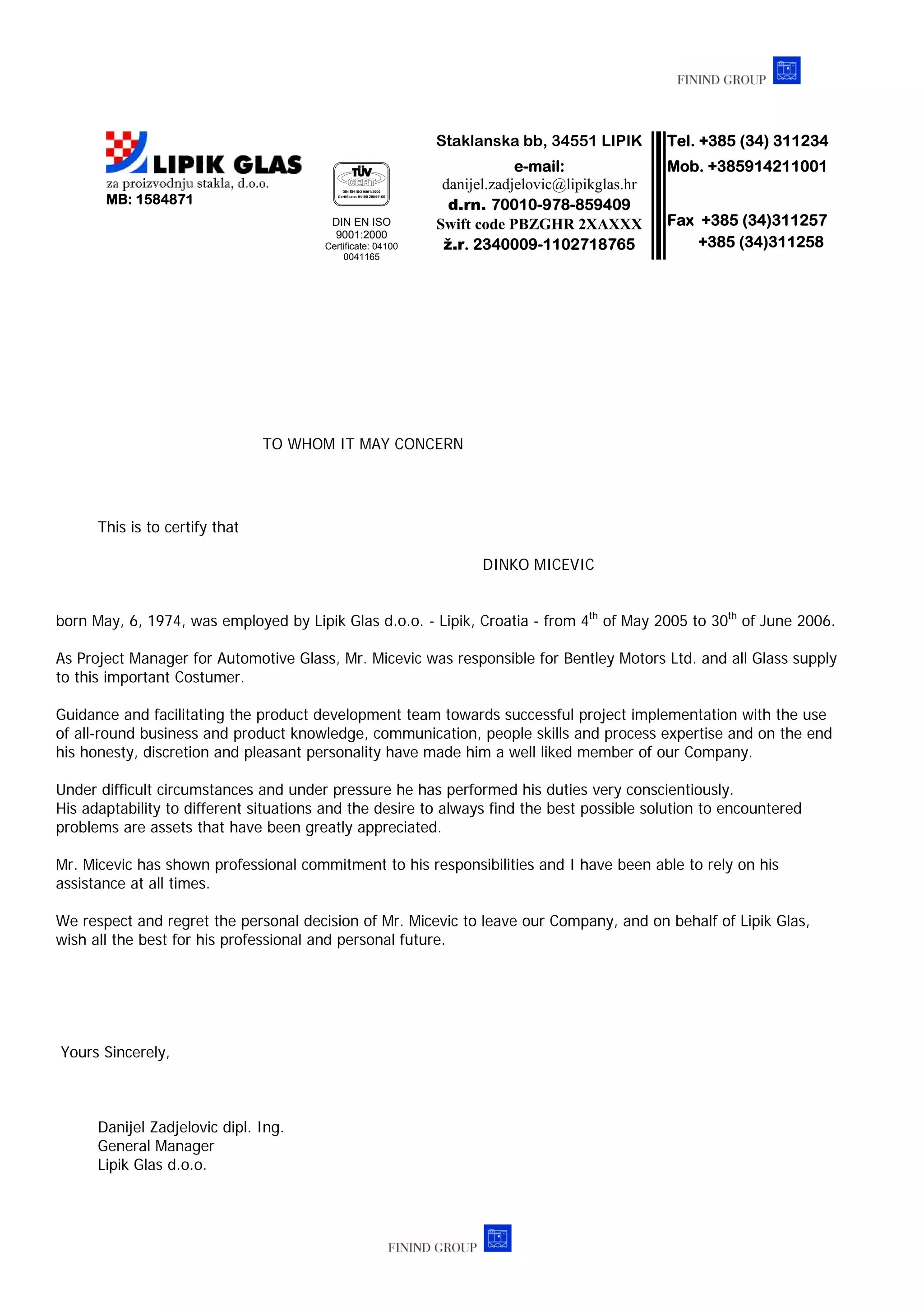 Reference Letter Dinko Mičević | PDF