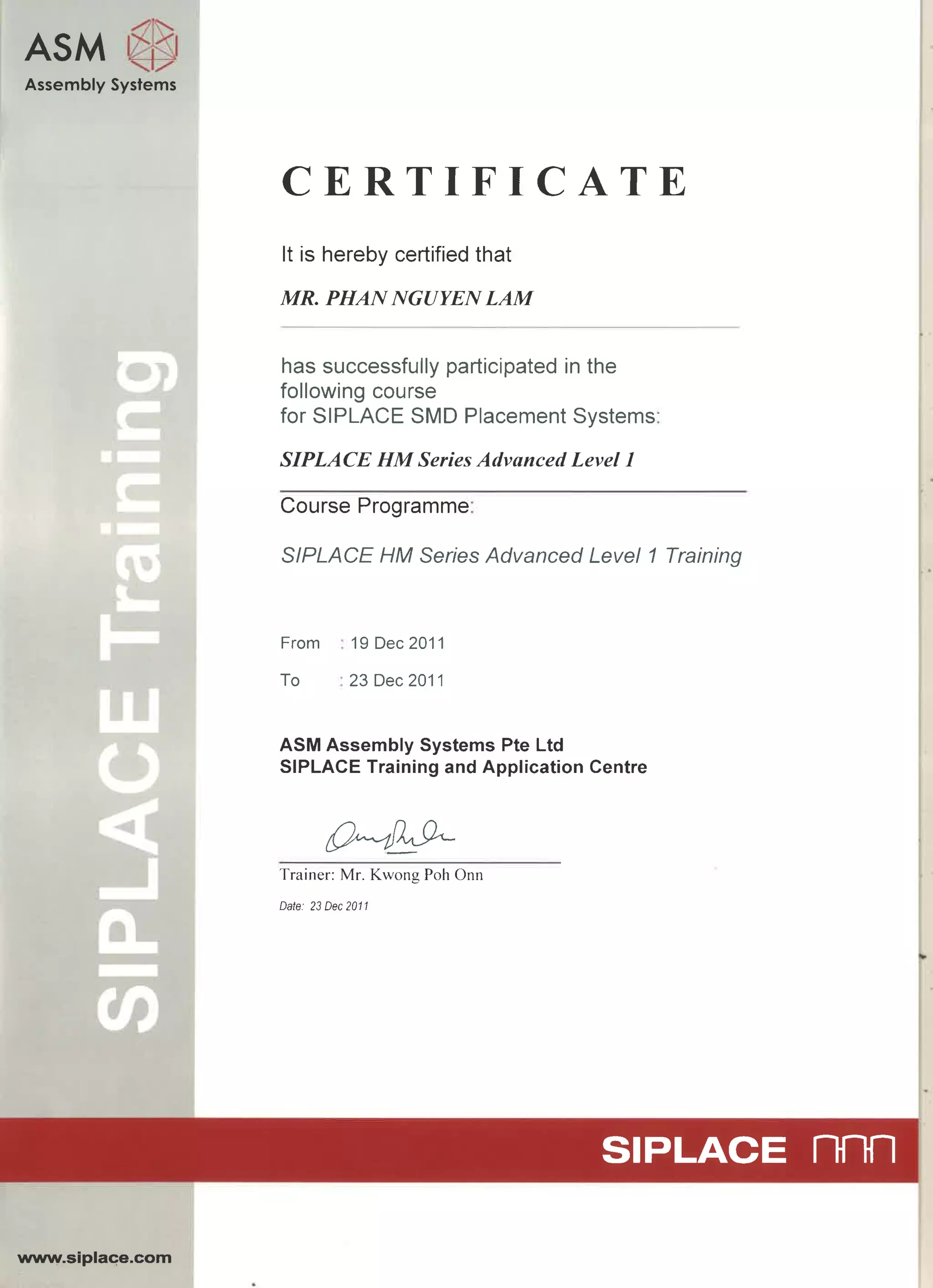 ASM Siplace Certificate | PDF