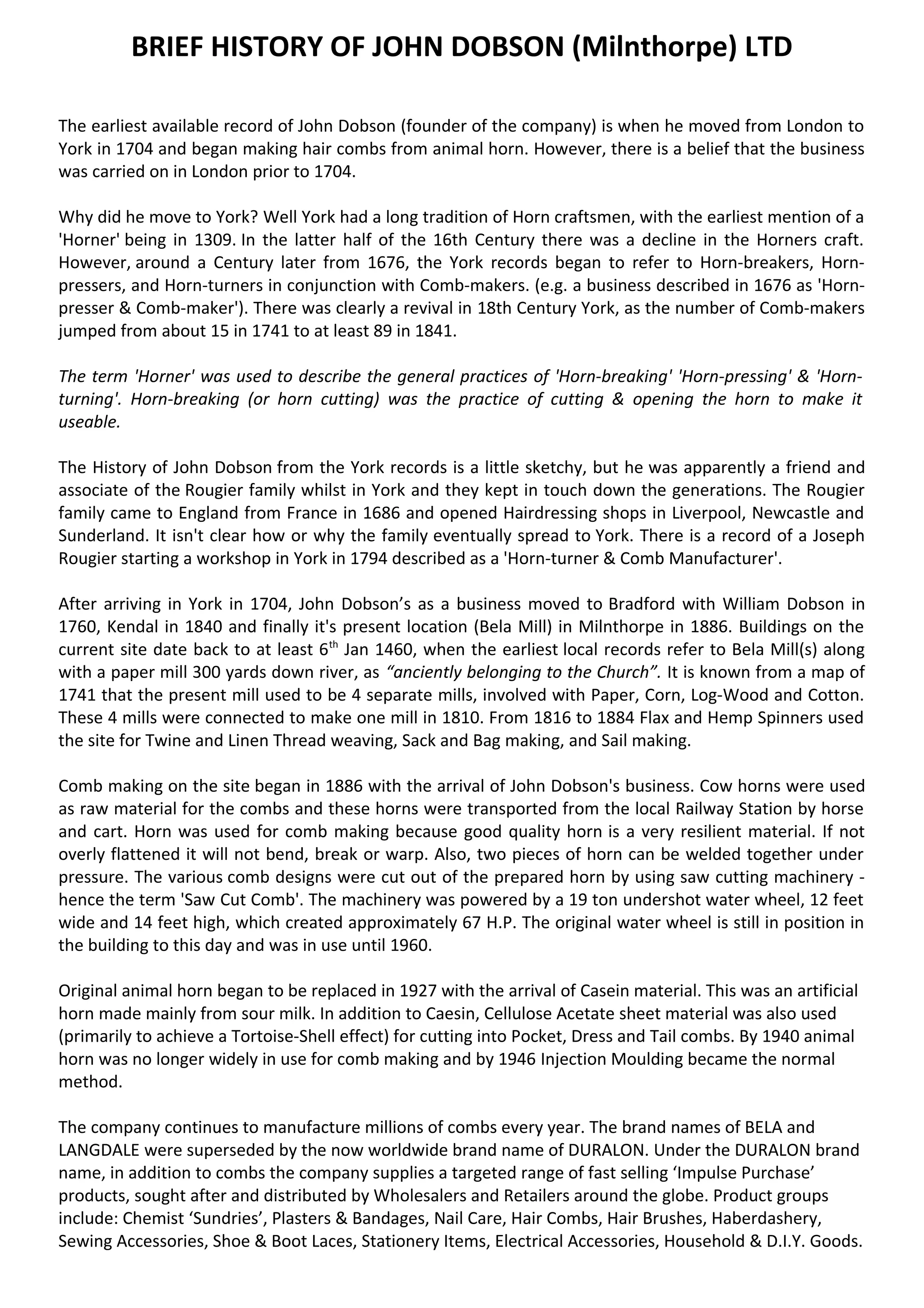 BRIEF HISTORY OF JOHN DOBSON LTD | DOC